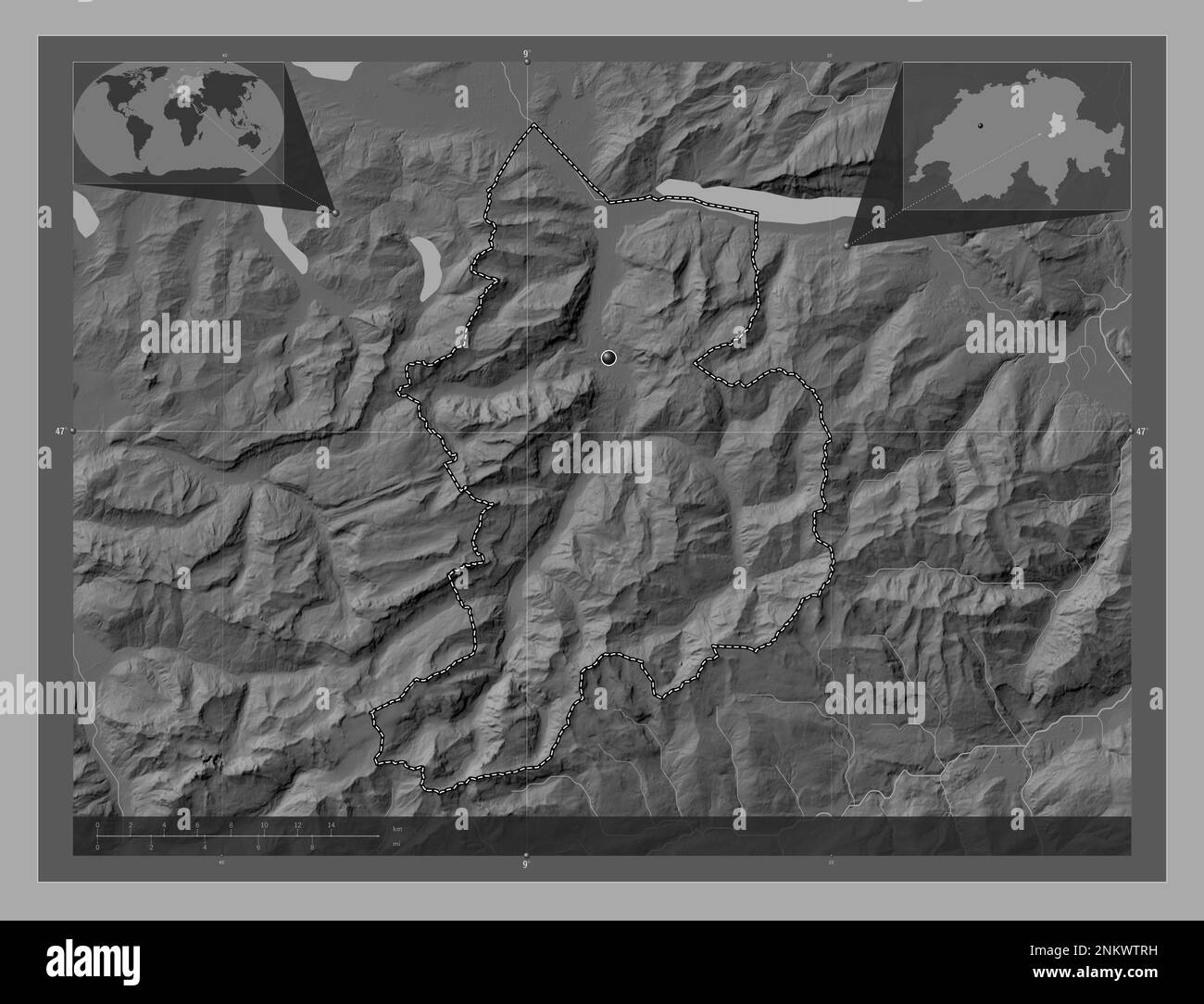 Glarus, canton of Switzerland. Bilevel elevation map with lakes and ...