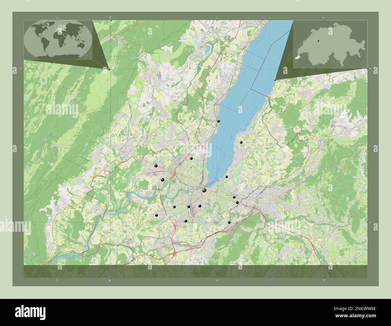 Geneve, canton of Switzerland. Open Street Map. Locations of major ...
