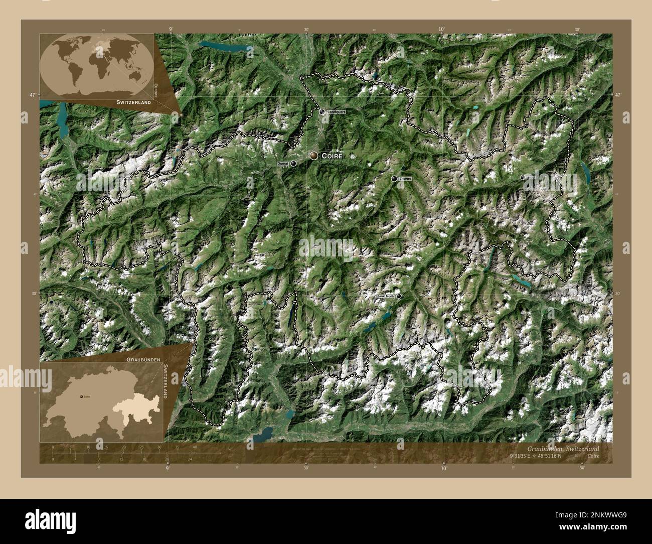 Graubunden, canton of Switzerland. Low resolution satellite map ...