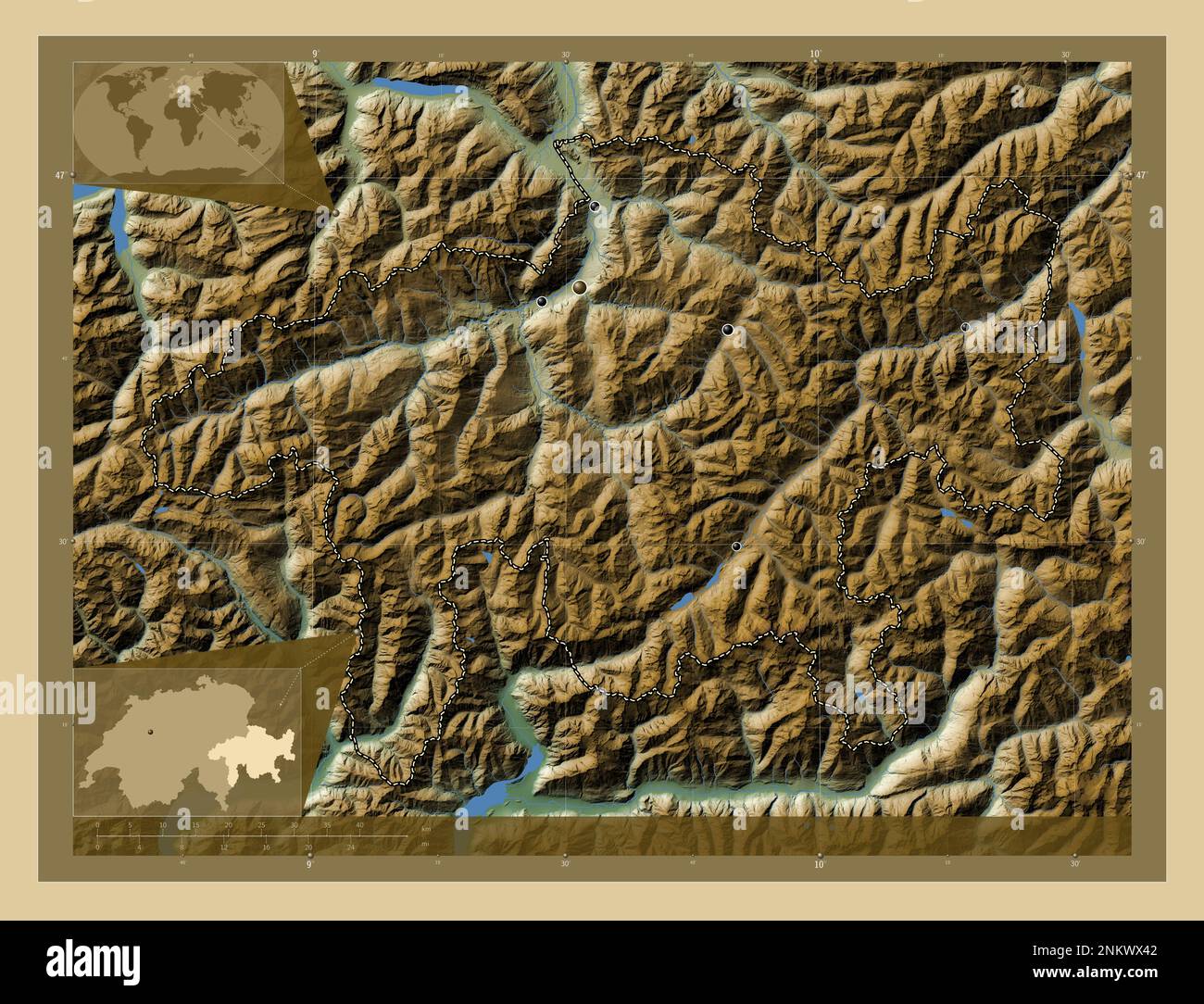 Graubunden, canton of Switzerland. Colored elevation map with lakes and ...