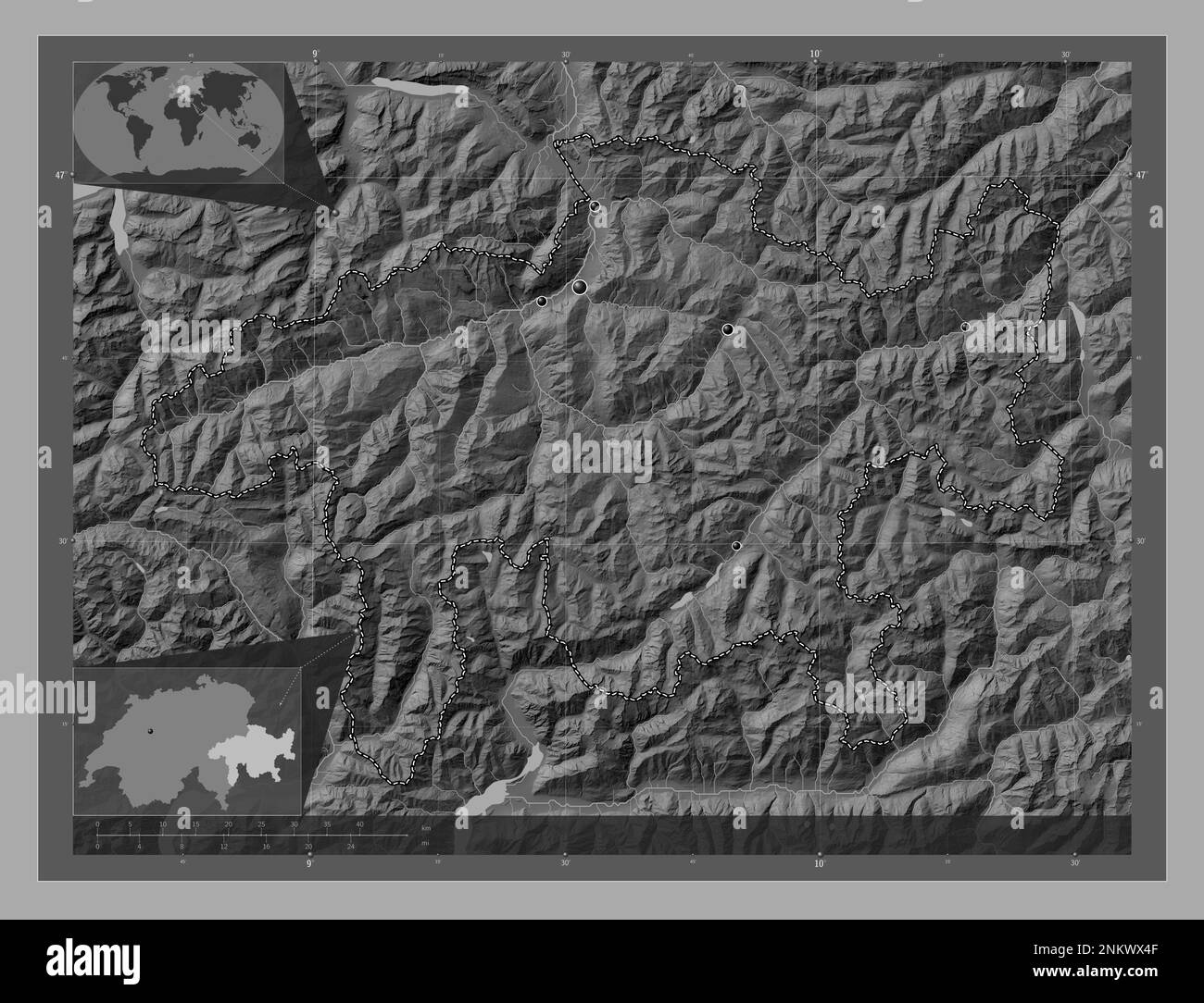 Graubunden, canton of Switzerland. Bilevel elevation map with lakes and ...