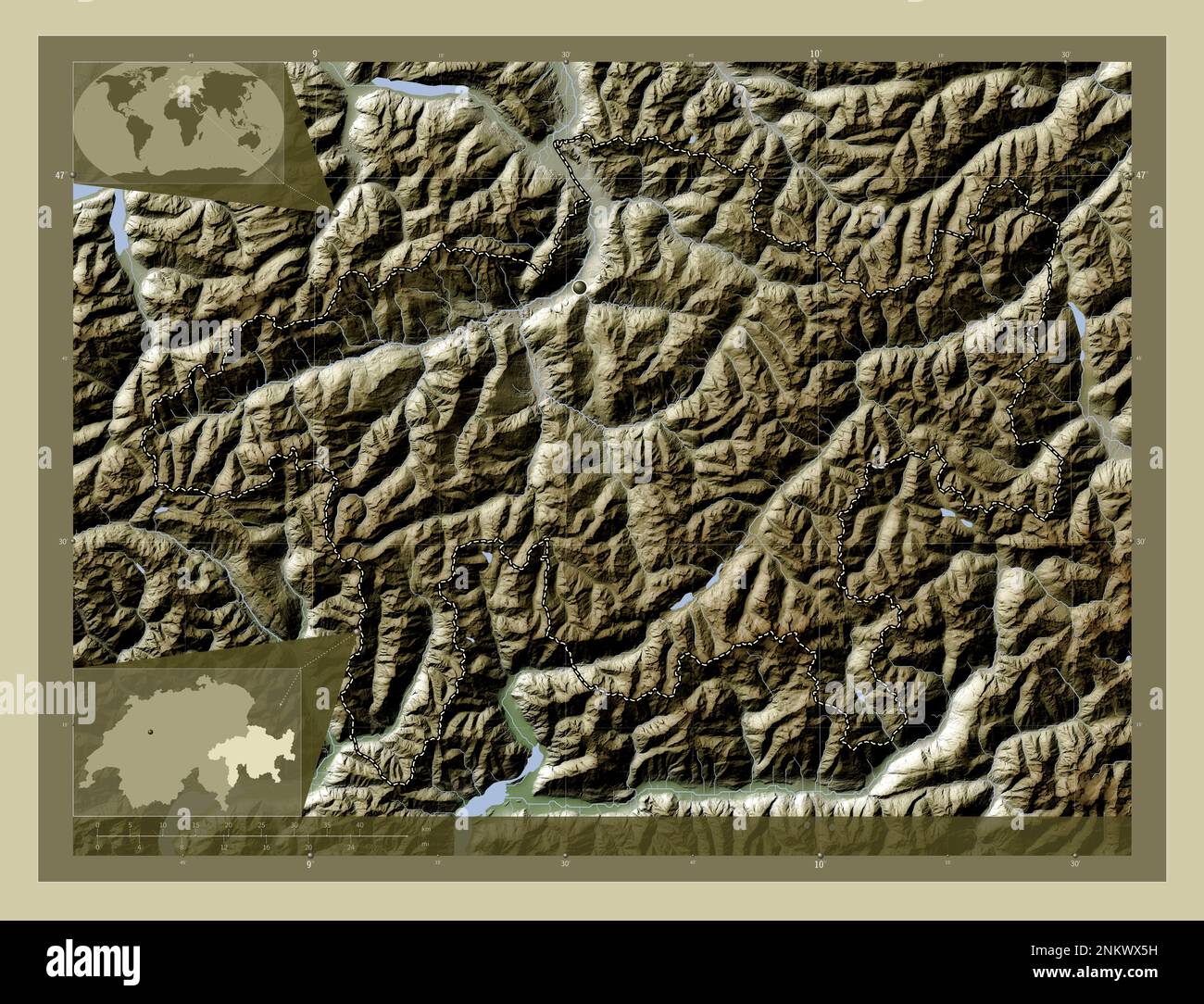 Graubunden, canton of Switzerland. Elevation map colored in wiki style ...