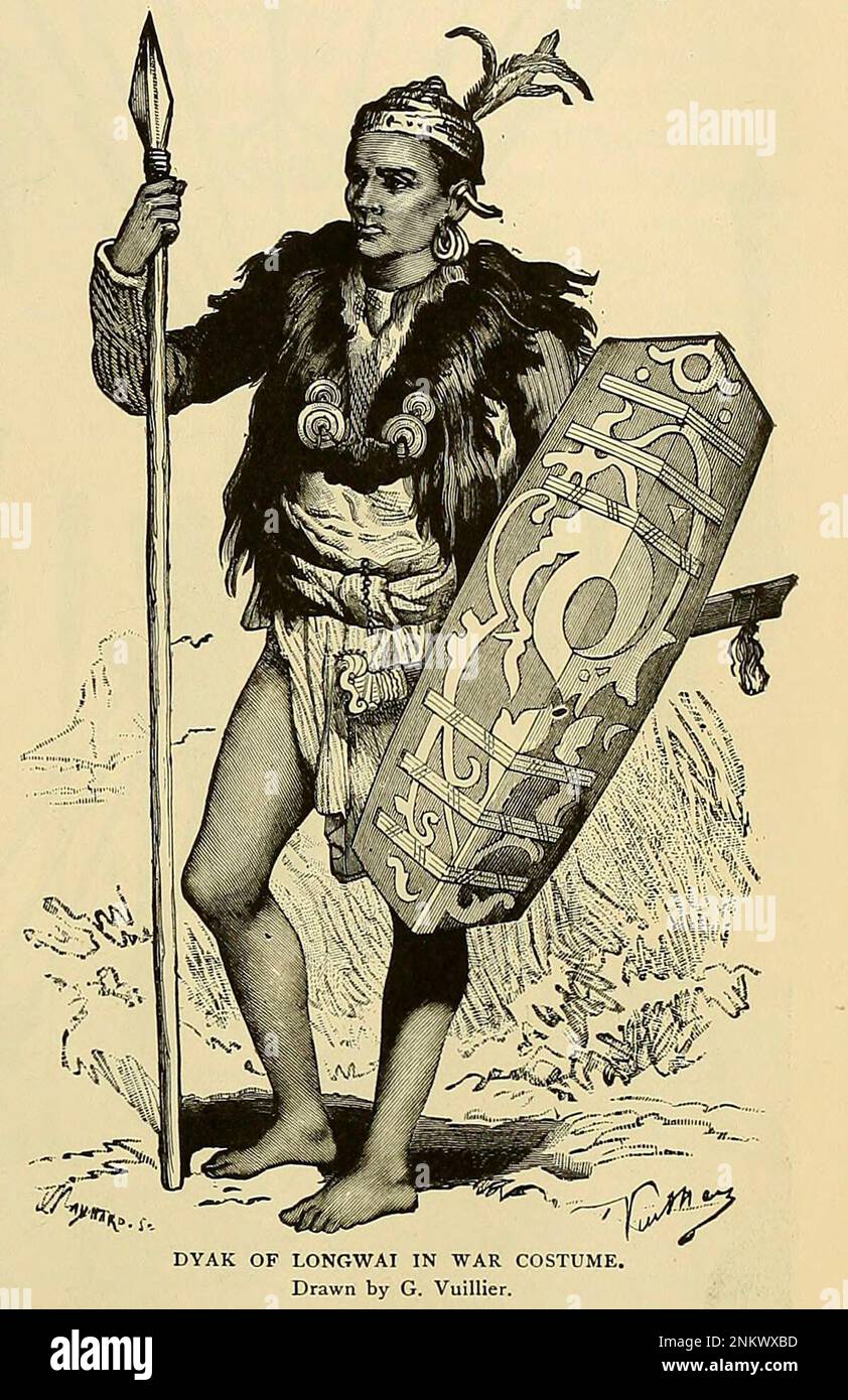 Dayak, here as Dyak of Longwai in war costume Drawn by Gaston Vuillier ...