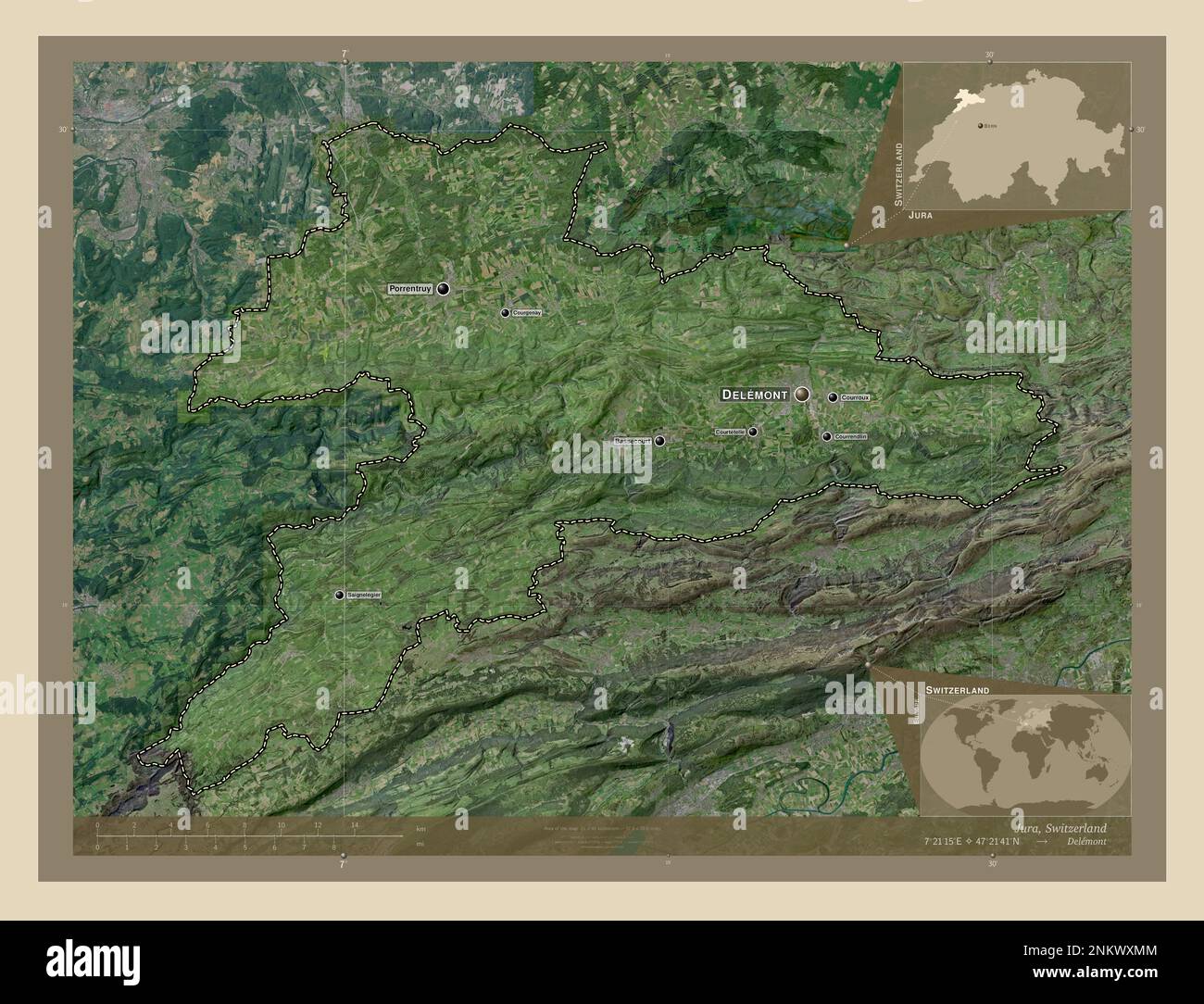 Jura, canton of Switzerland. High resolution satellite map. Locations ...