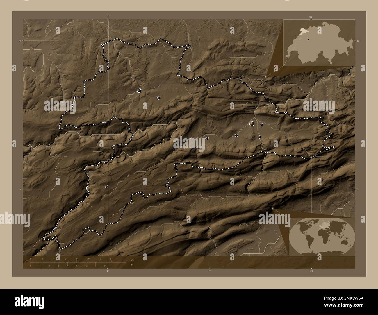 Jura, canton of Switzerland. Elevation map colored in sepia tones with ...