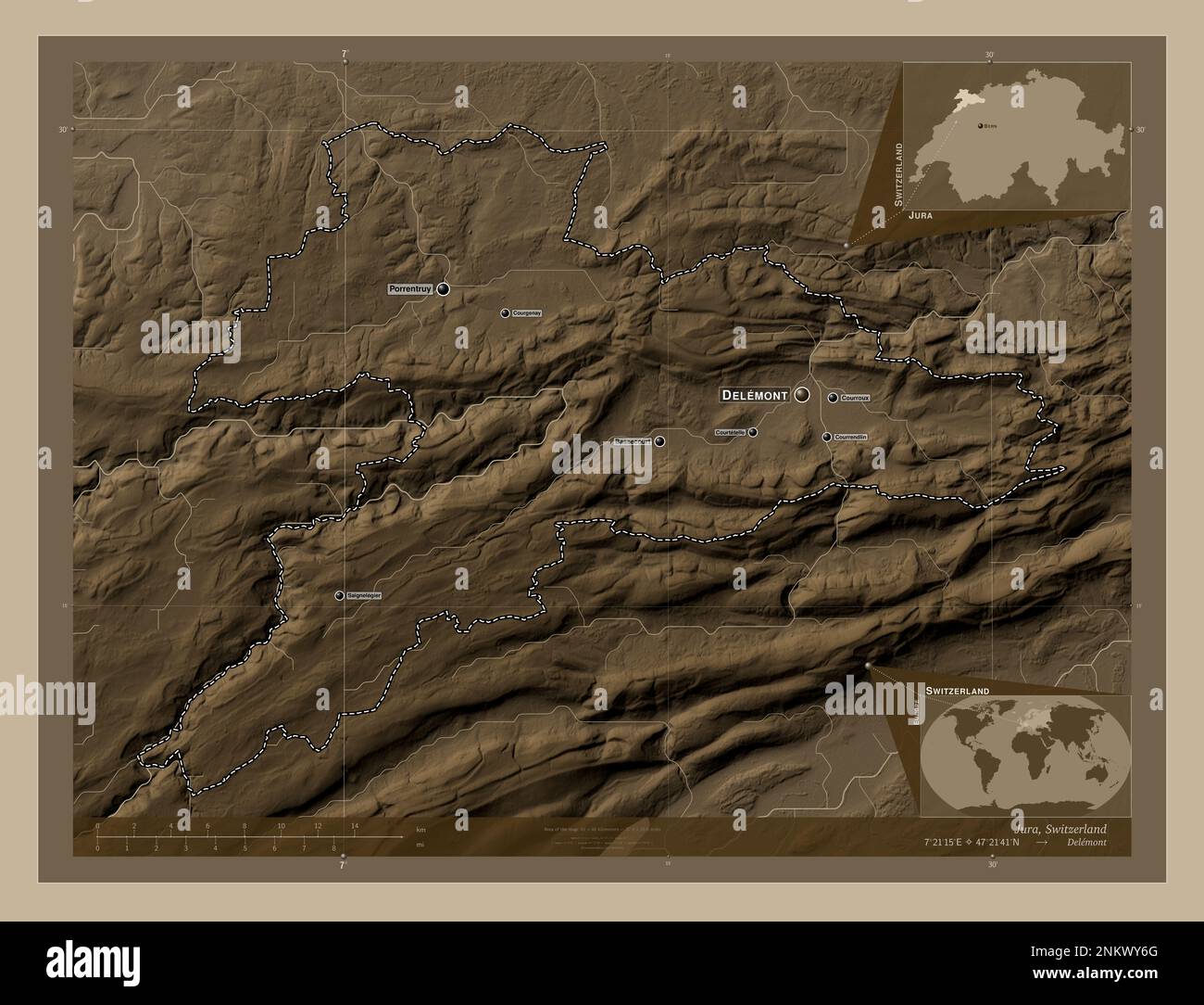 Jura, canton of Switzerland. Elevation map colored in sepia tones with ...