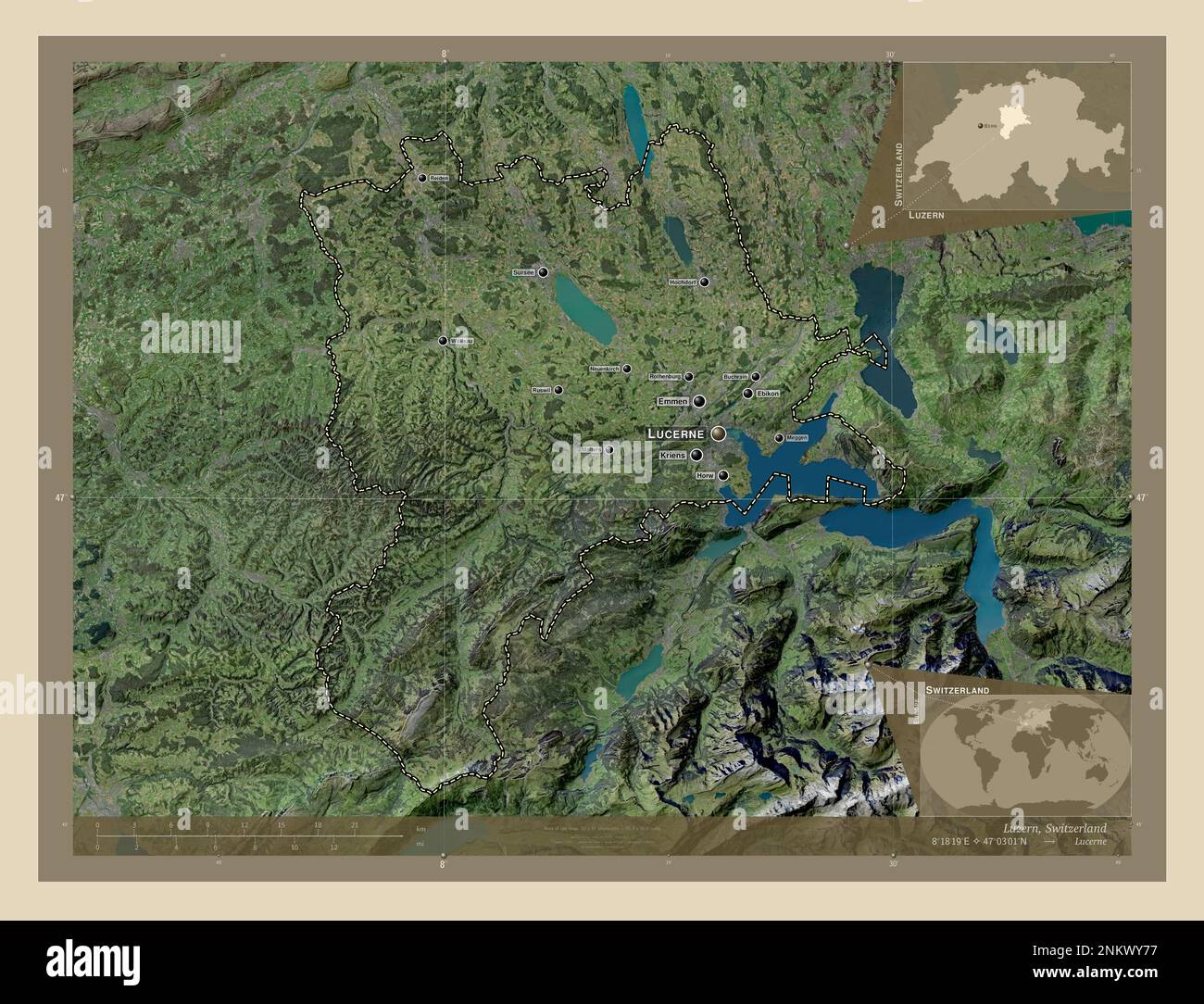 Luzern, canton of Switzerland. High resolution satellite map. Locations ...