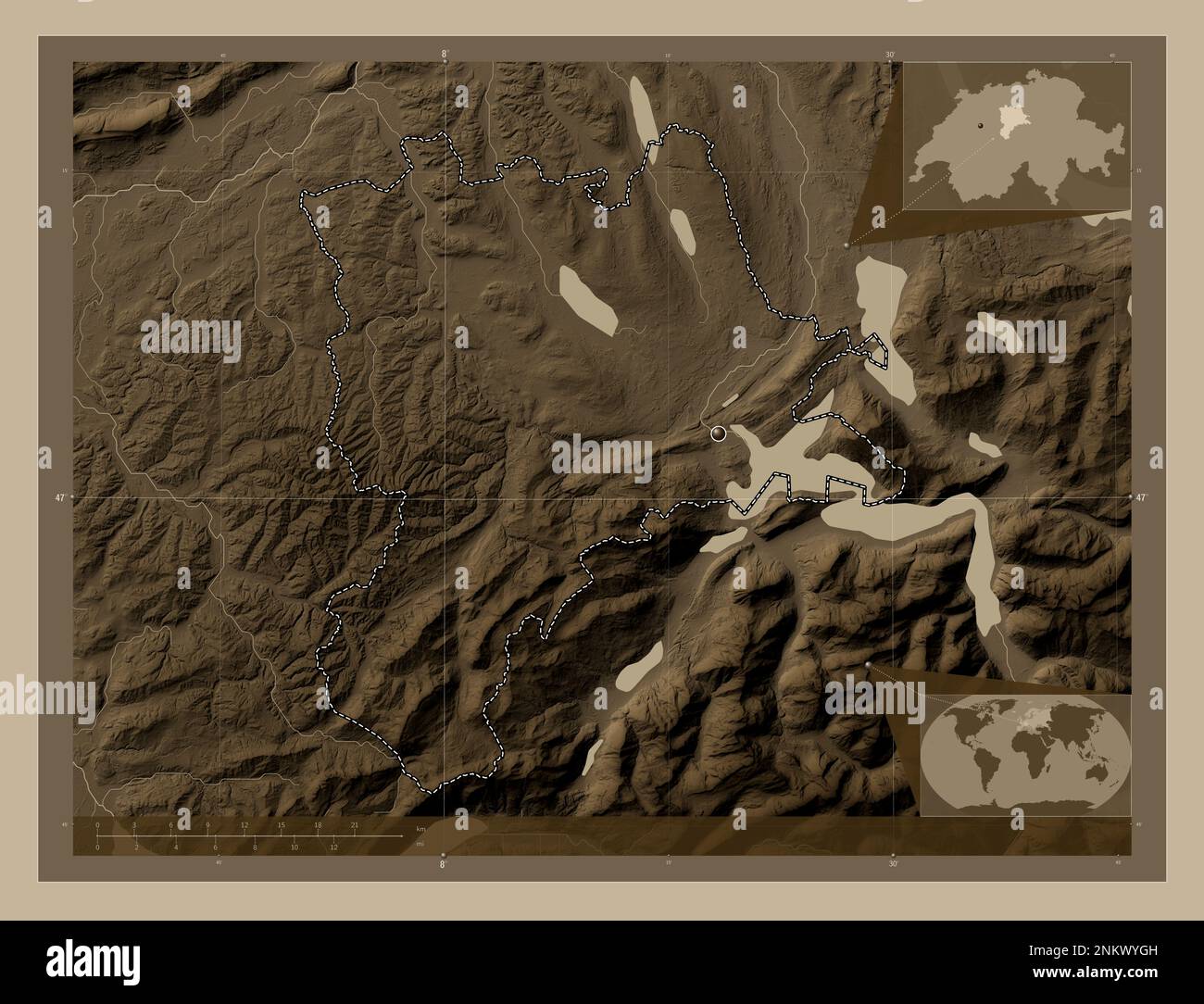 Luzern, canton of Switzerland. Elevation map colored in sepia tones ...