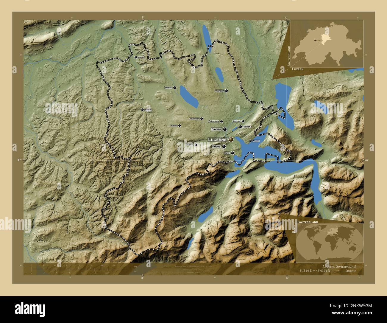 Luzern, canton of Switzerland. Colored elevation map with lakes and ...