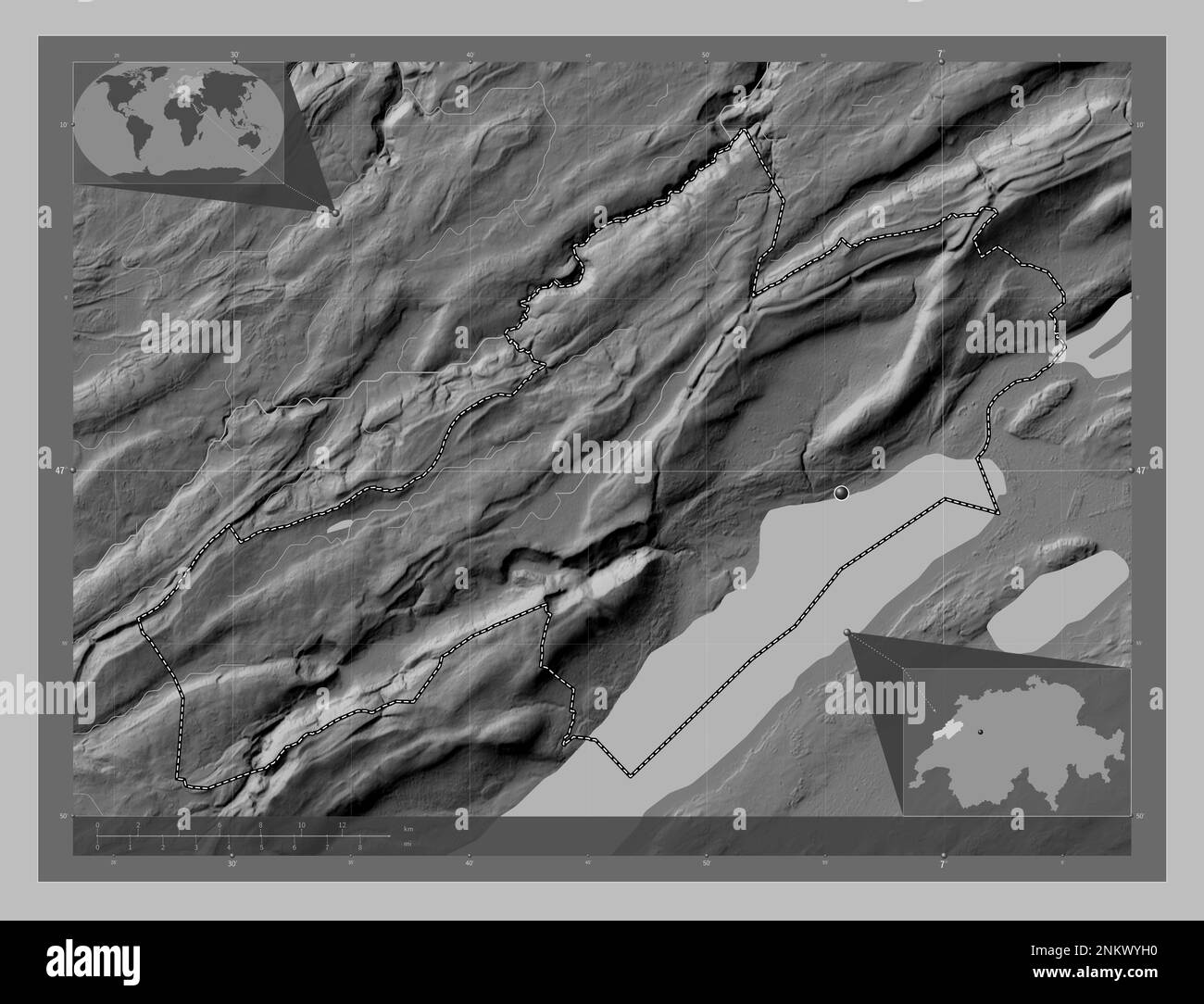 Neuchatel, canton of Switzerland. Grayscale elevation map with lakes and rivers. Corner ...