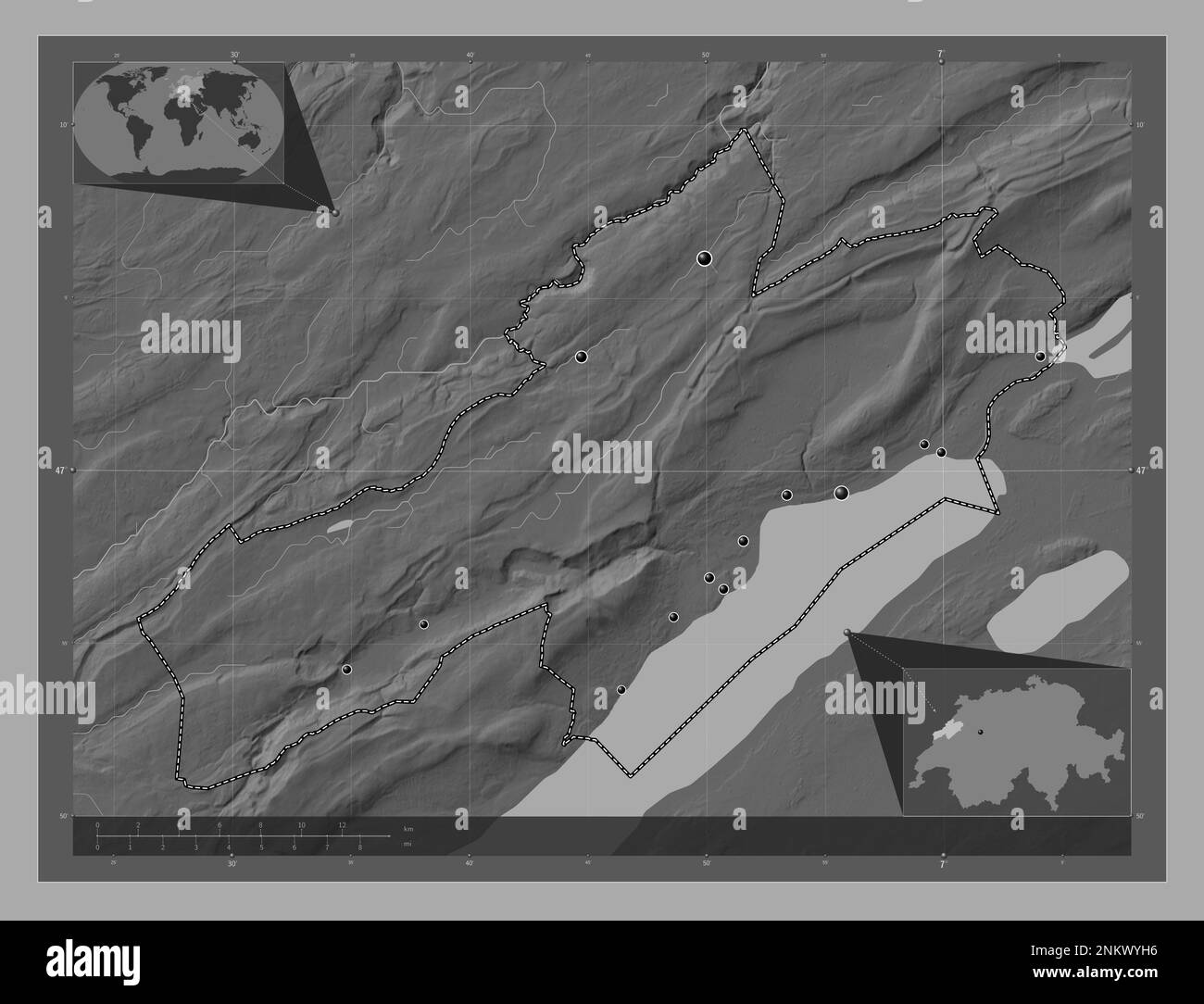 Neuchatel, canton of Switzerland. Bilevel elevation map with lakes and ...