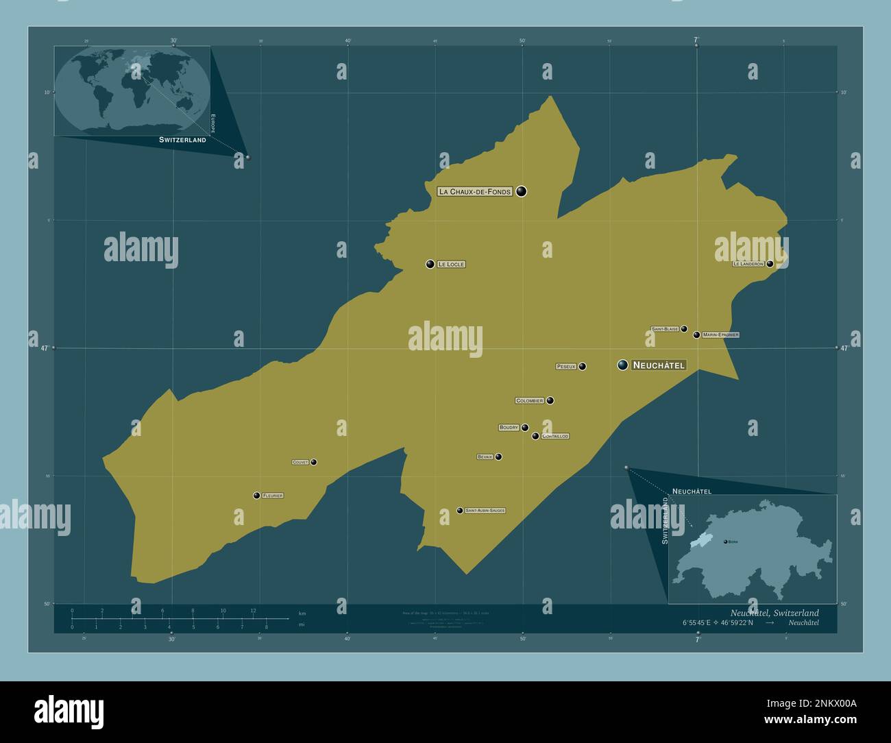 Neuchatel, canton of Switzerland. Solid color shape. Locations and ...
