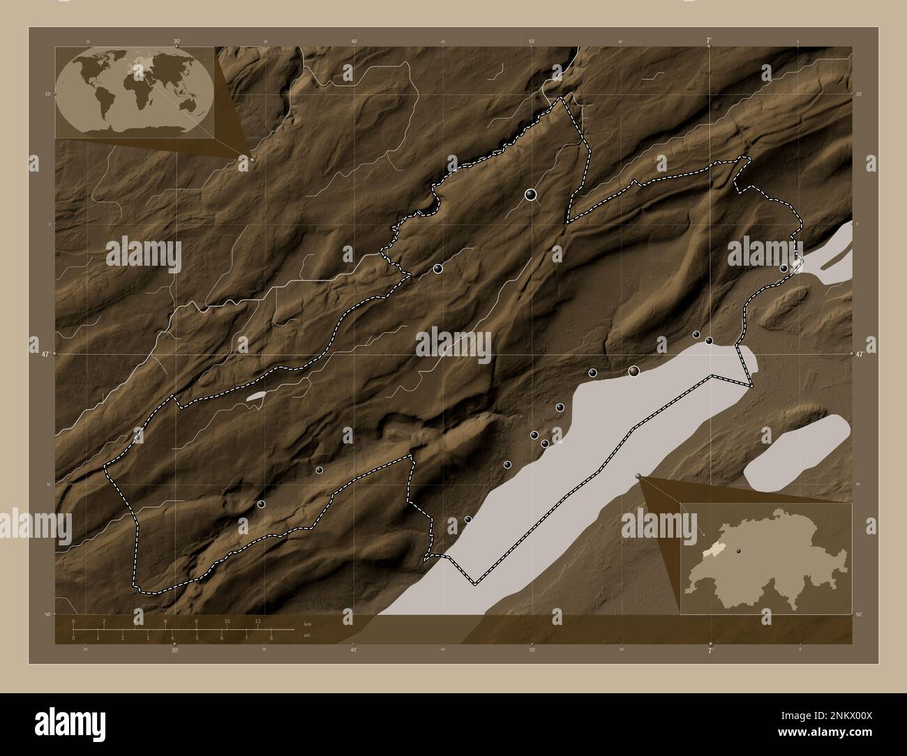 Neuchatel, canton of Switzerland. Elevation map colored in sepia tones ...