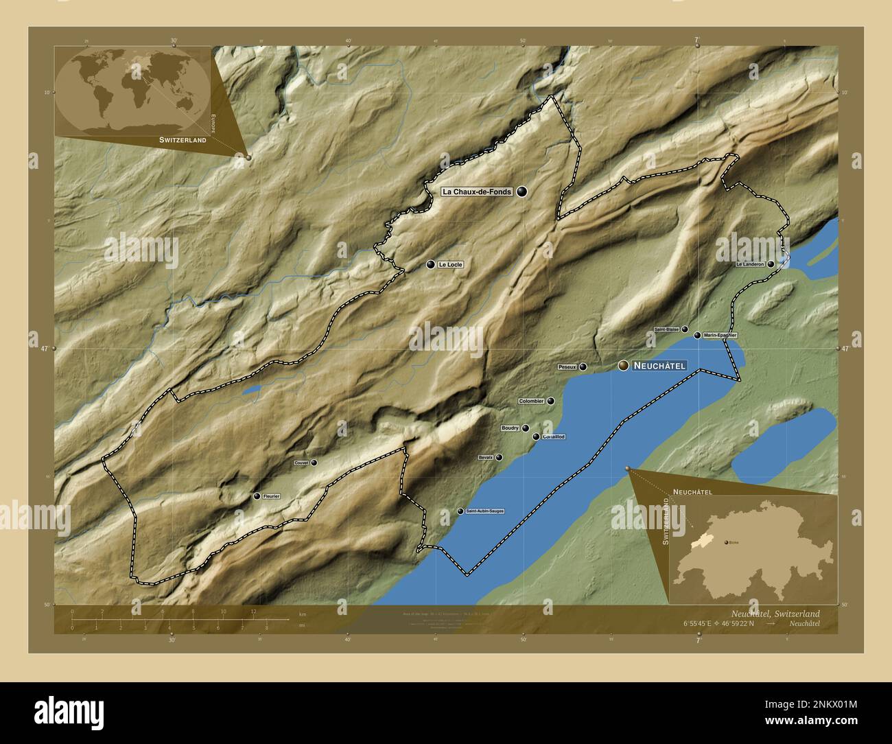 Neuchatel, canton of Switzerland. Colored elevation map with lakes and ...
