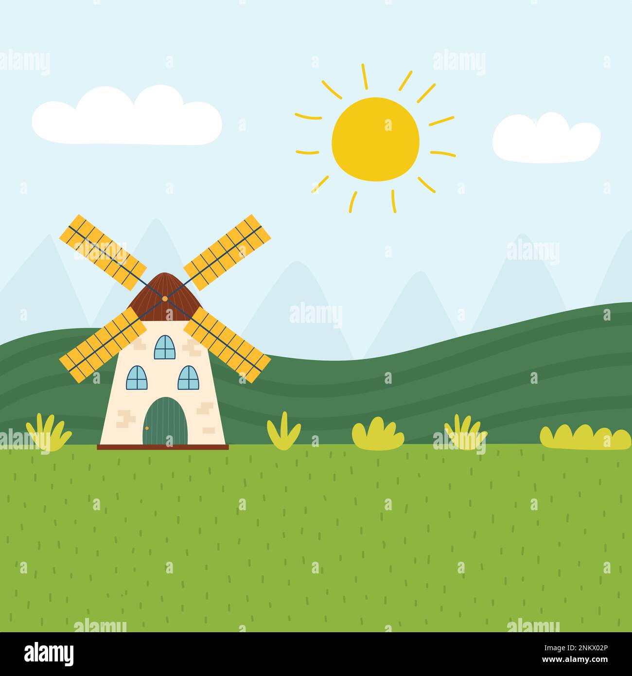 Farm landscape with a mill and green meadow. Farmhouse on the field ...