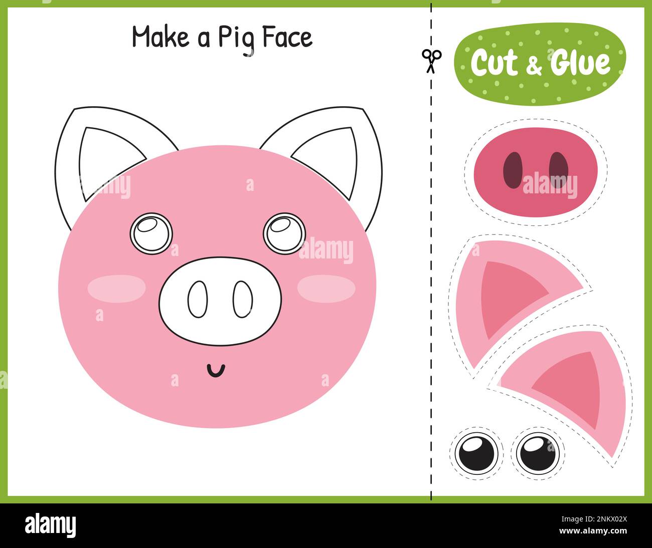 Cut and glue pig face parts game for kids. Educational activity page ...