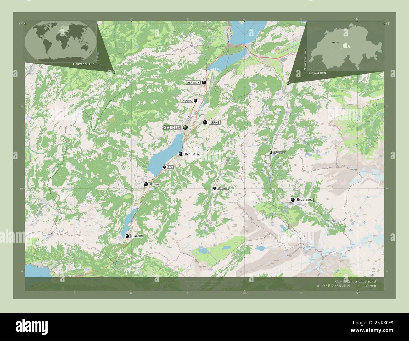 Obwalden, canton of Switzerland. Open Street Map. Locations and names ...