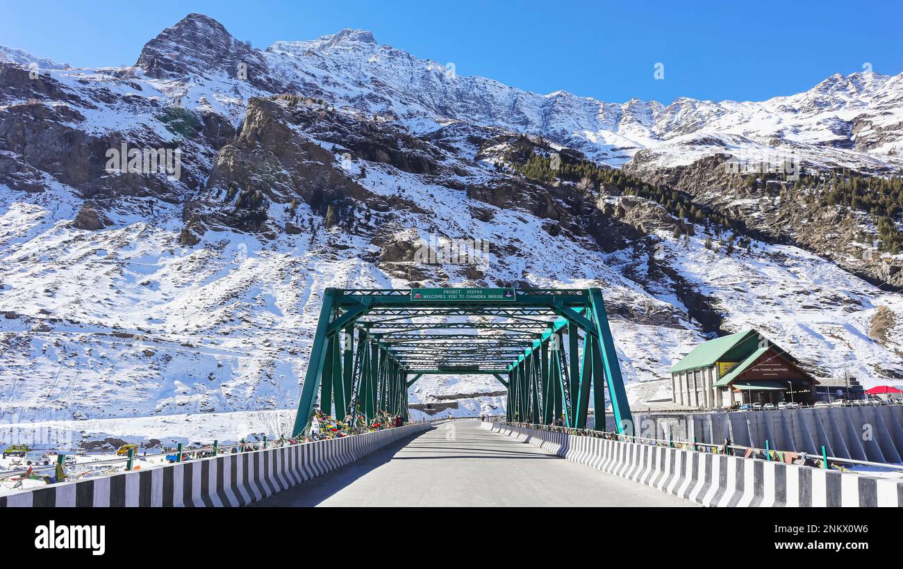 INDIA, HIMACHAL PRADESH, SISSU, November 2022,View of Chandra Bridge Build on the Chenab River ...