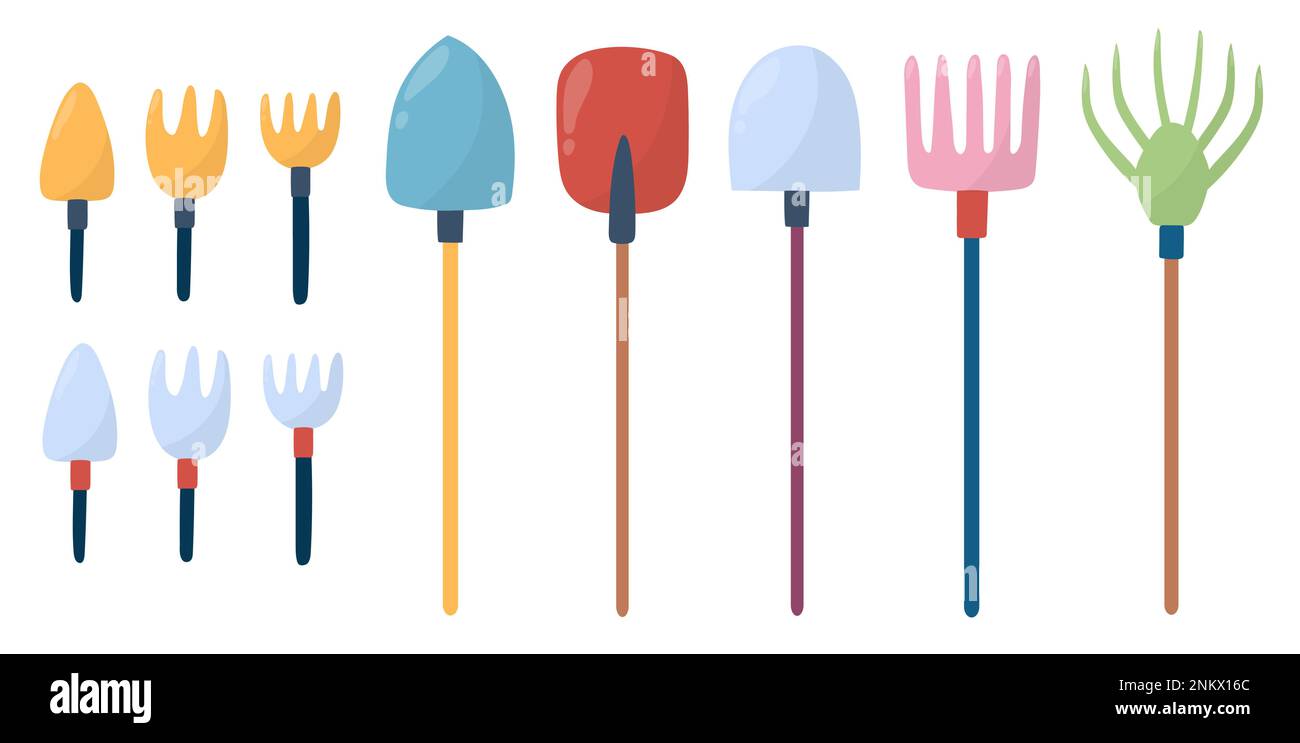 Gardening tools set in cartoon style with rake, shovel and other ...