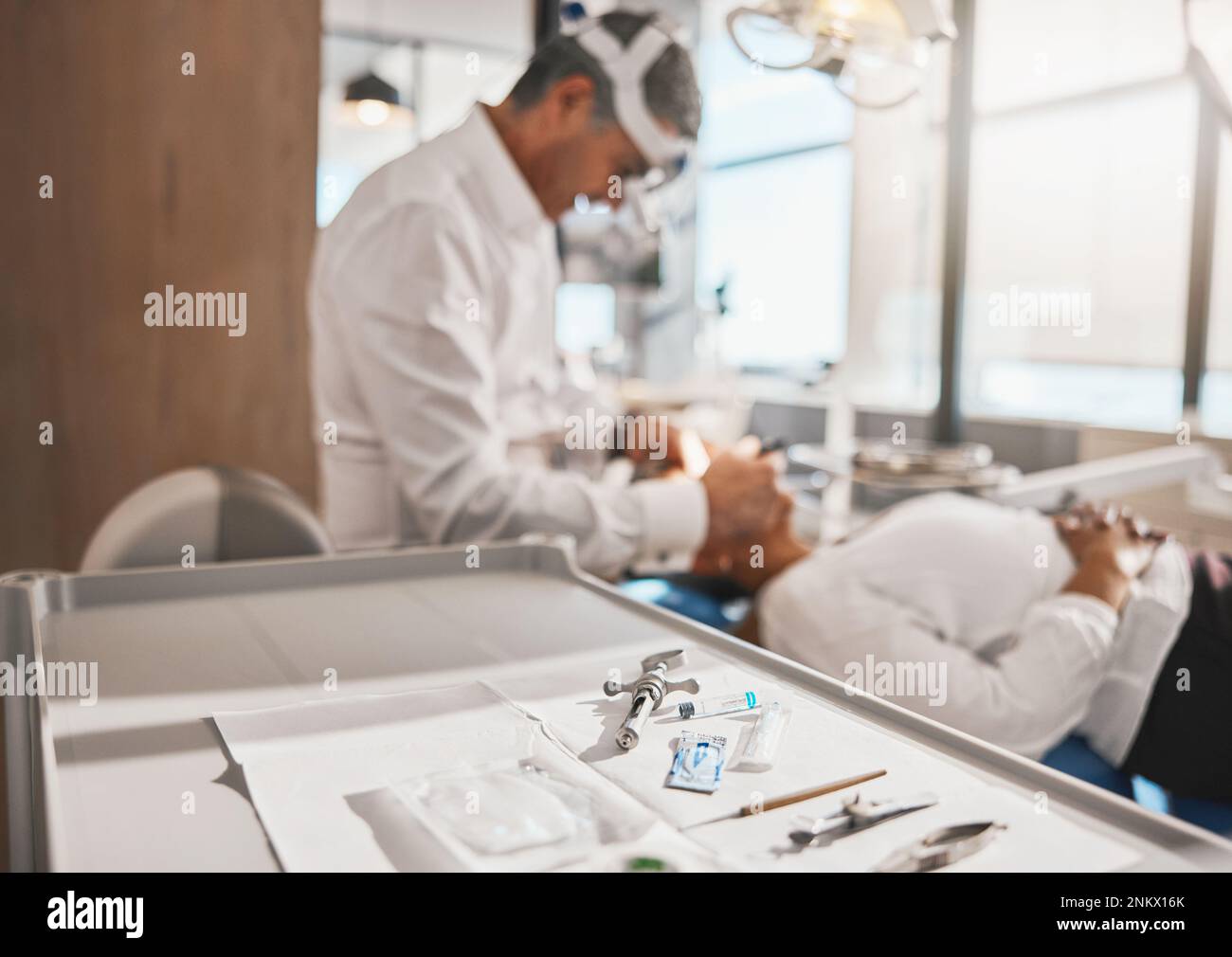 Eye surgery tools, vision repair and doctor working on healthcare ...