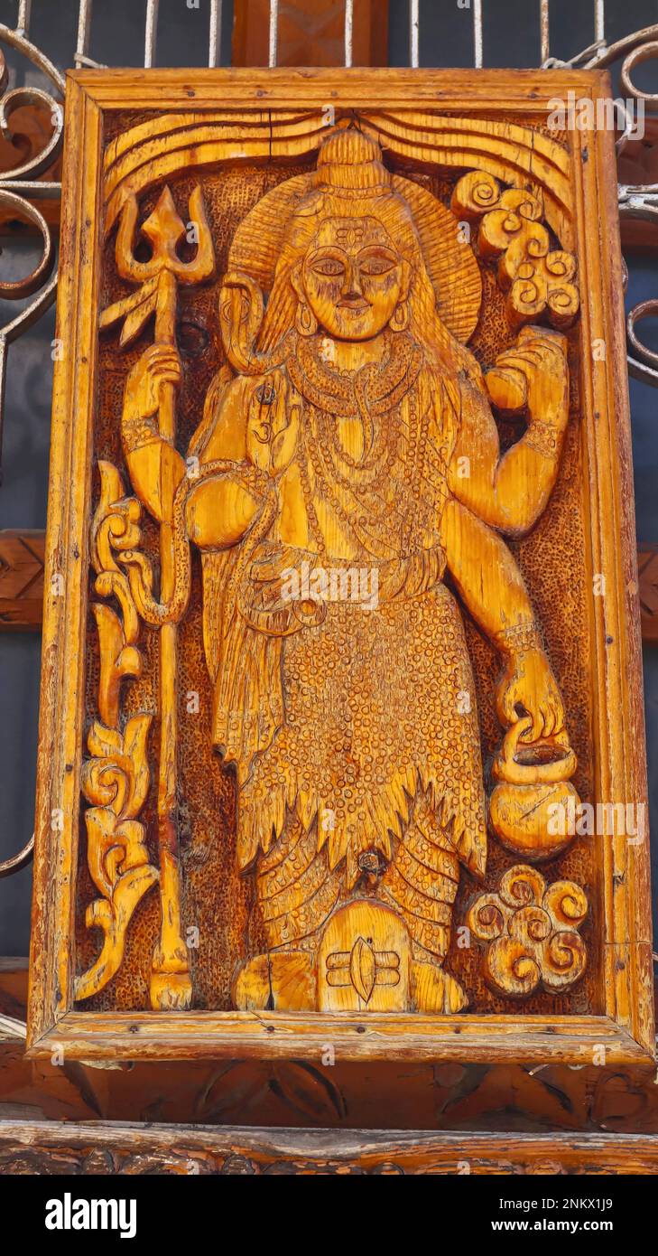 Carving of Lord Shiva in wood at Narayan Nagini Temple, Kalpa, Kinnaur ...