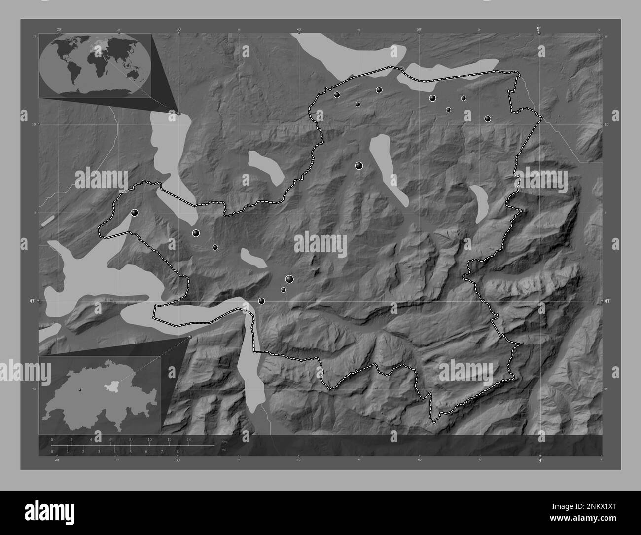 Schwyz, canton of Switzerland. Bilevel elevation map with lakes and ...