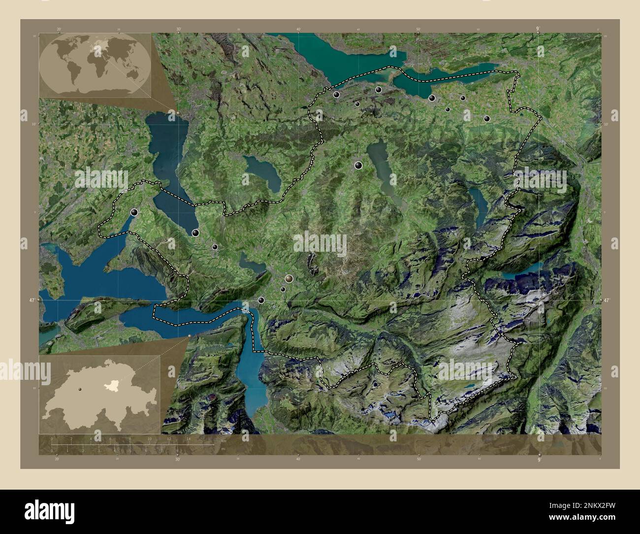 Schwyz, canton of Switzerland. High resolution satellite map. Locations ...