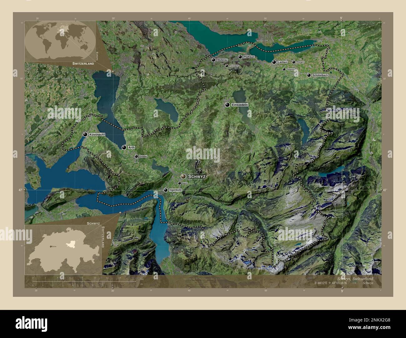 Schwyz, canton of Switzerland. High resolution satellite map. Locations ...