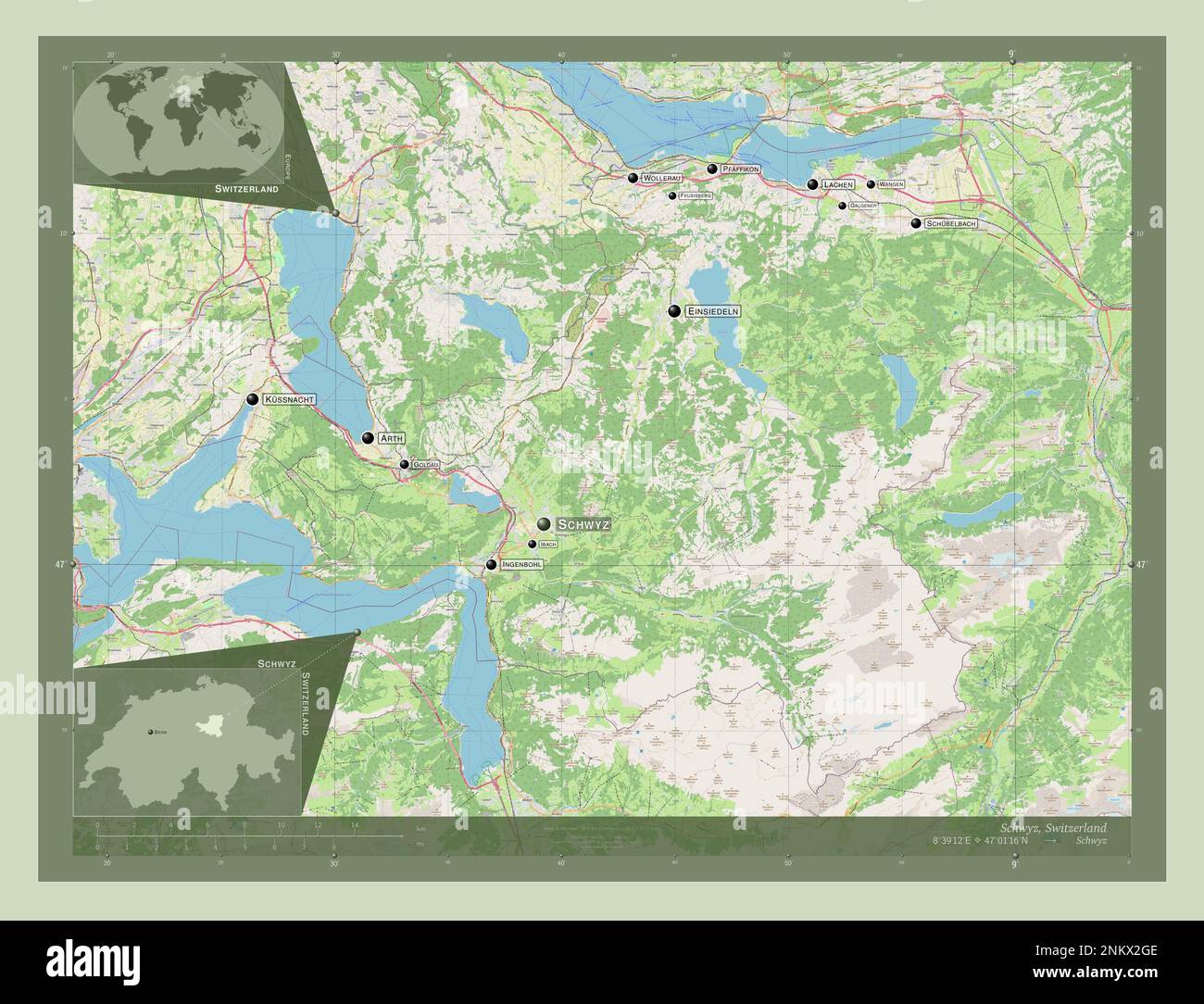 Schwyz, canton of Switzerland. Open Street Map. Locations and names of ...