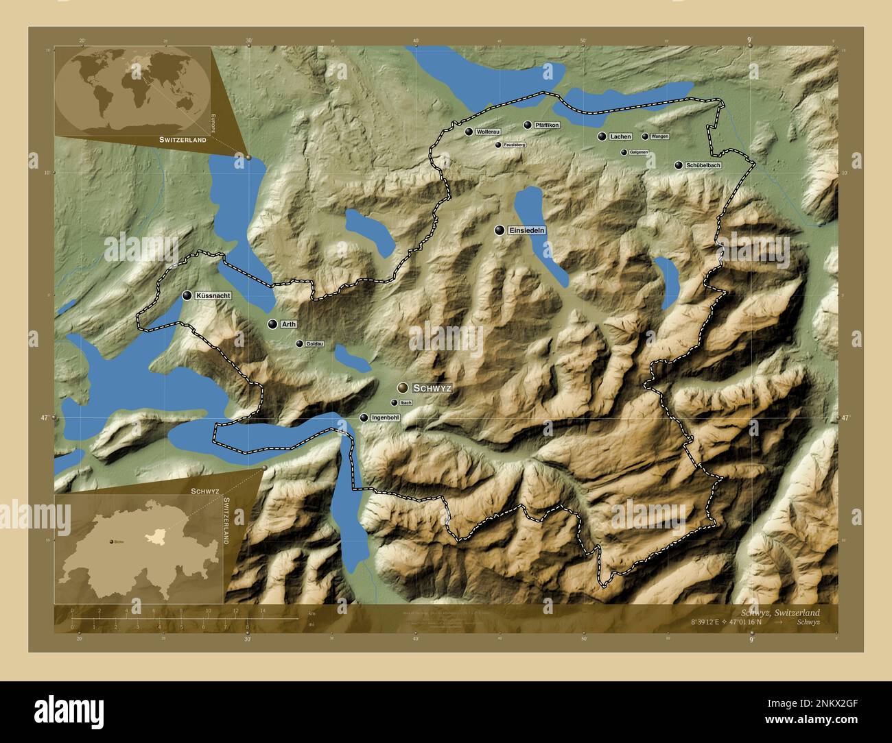 Schwyz, canton of Switzerland. Colored elevation map with lakes and ...