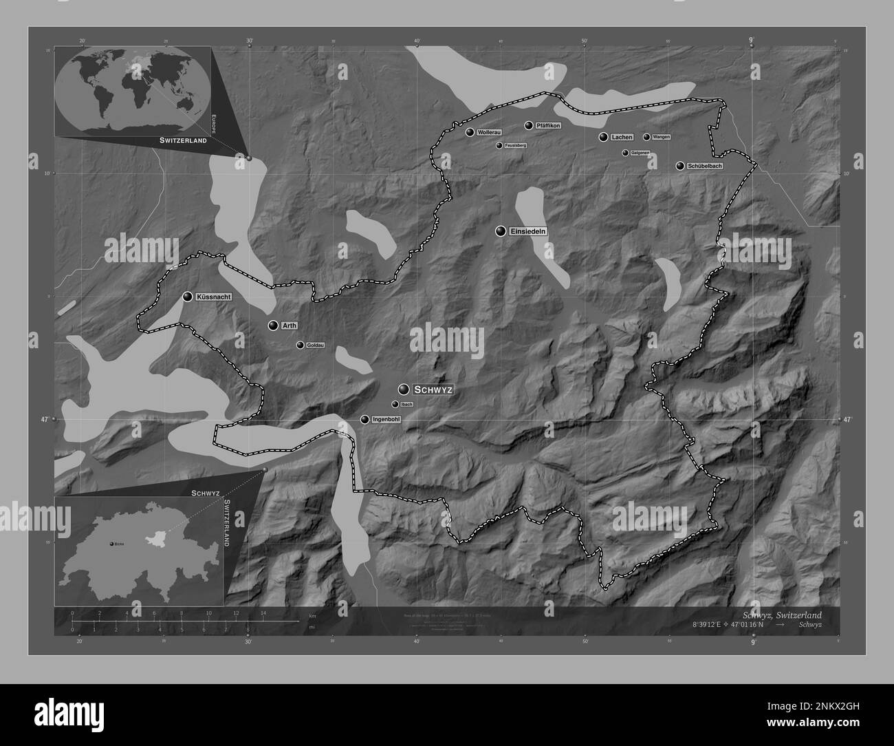 Schwyz, canton of Switzerland. Bilevel elevation map with lakes and ...