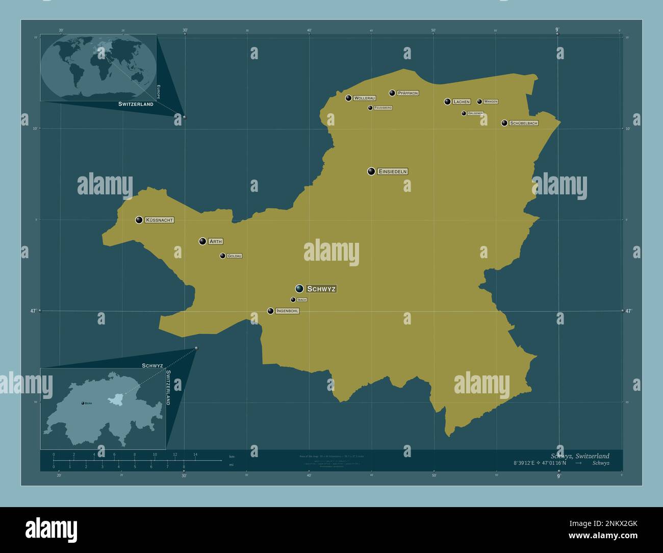 Schwyz, canton of Switzerland. Solid color shape. Locations and names ...