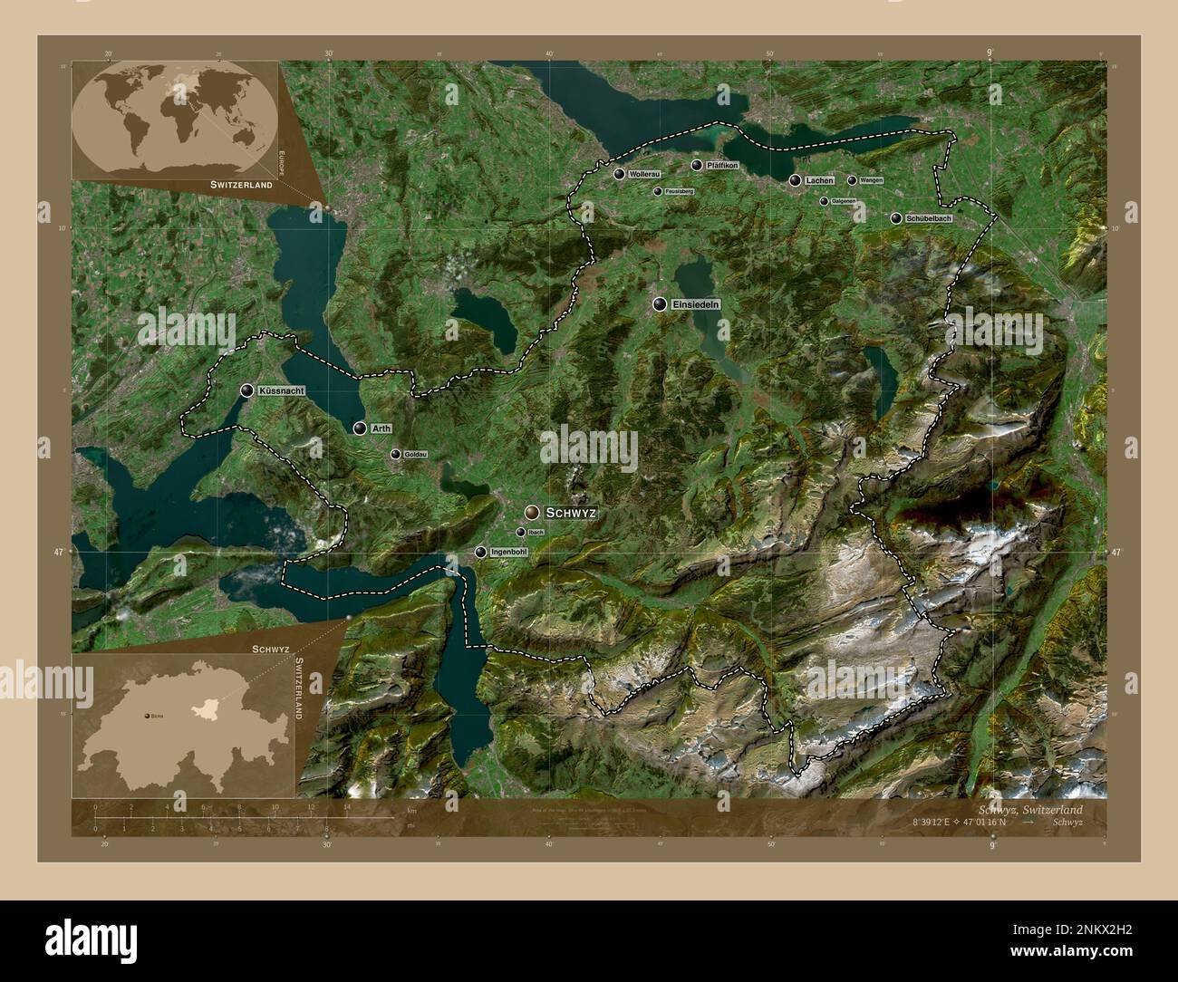 Schwyz, canton of Switzerland. Low resolution satellite map. Locations ...