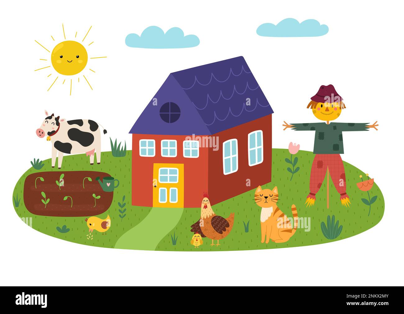 Cute farm landscape with scarecrow, hen, cat, cow and farmhouse. Summer ...