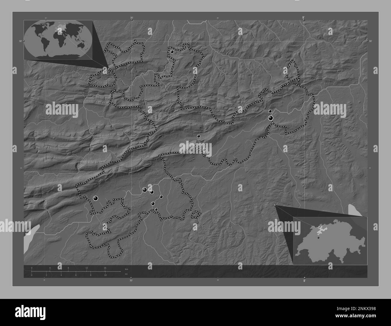 Solothurn, canton of Switzerland. Bilevel elevation map with lakes and ...