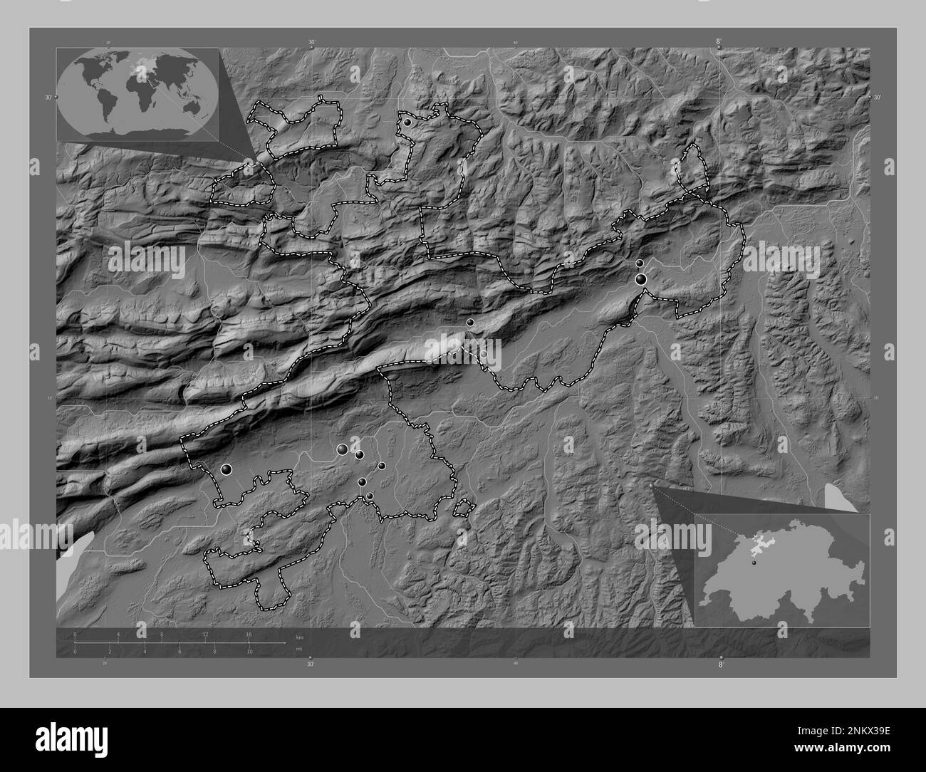 Solothurn, canton of Switzerland. Grayscale elevation map with lakes ...