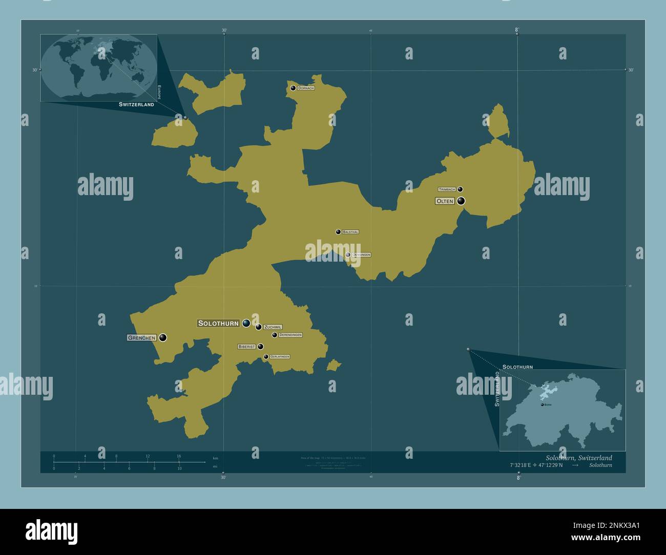 Solothurn, canton of Switzerland. Solid color shape. Locations and ...