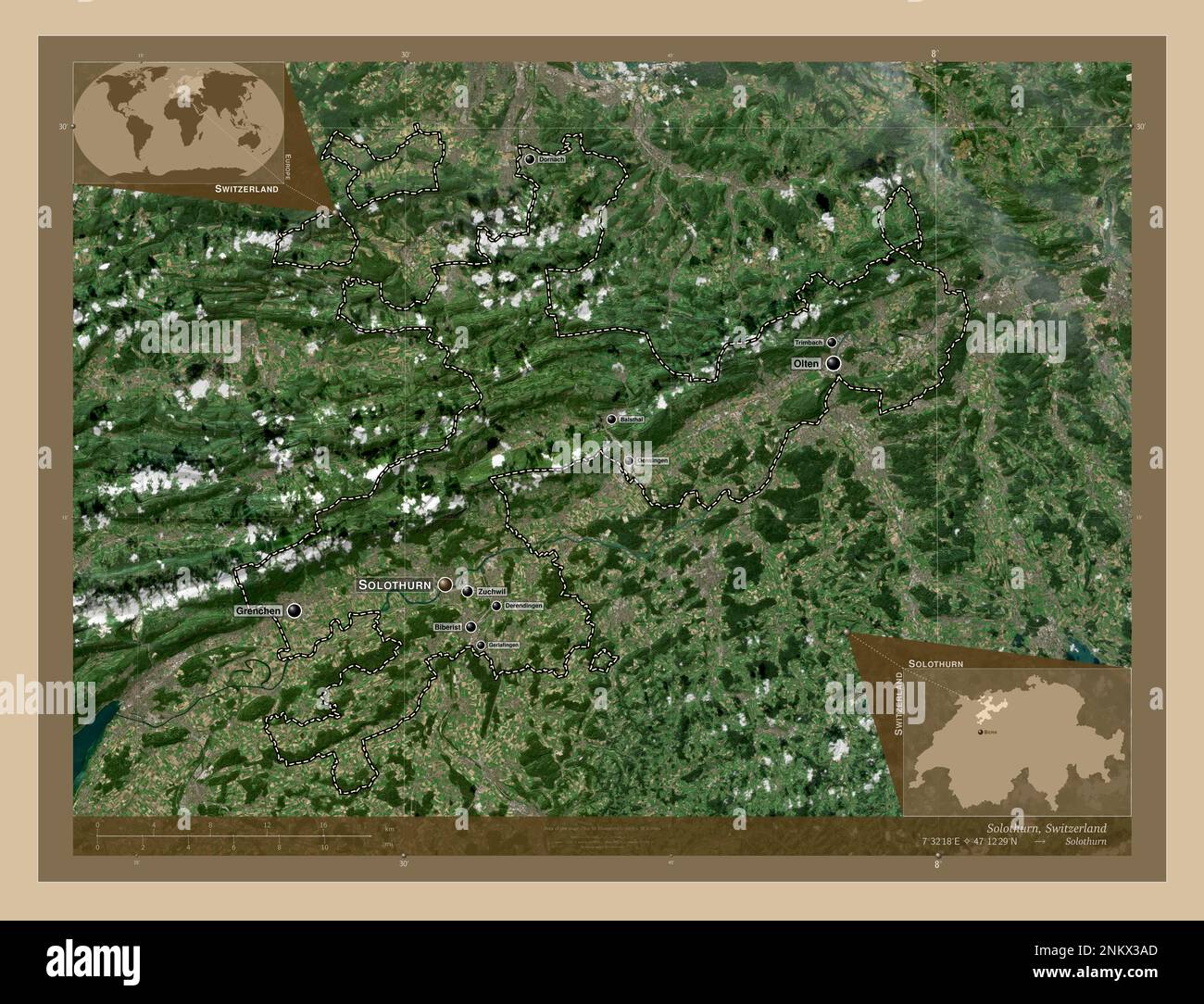 Solothurn, canton of Switzerland. Low resolution satellite map ...