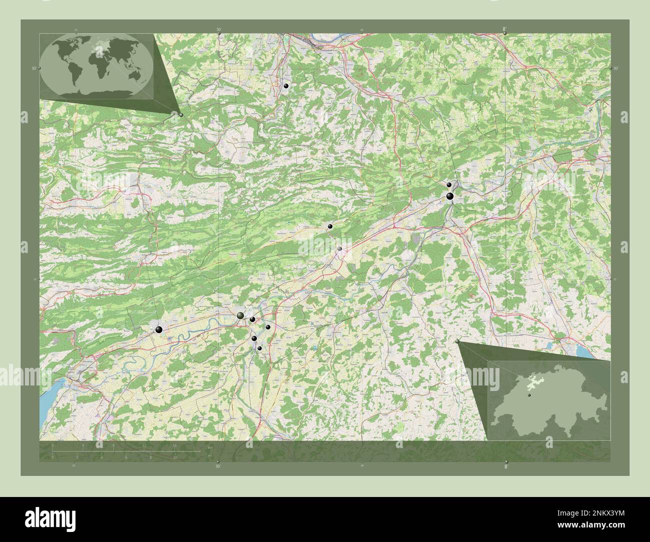 Solothurn, canton of Switzerland. Open Street Map. Locations of major ...