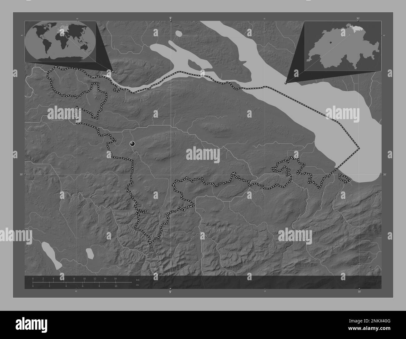 Thurgau, canton of Switzerland. Bilevel elevation map with lakes and ...