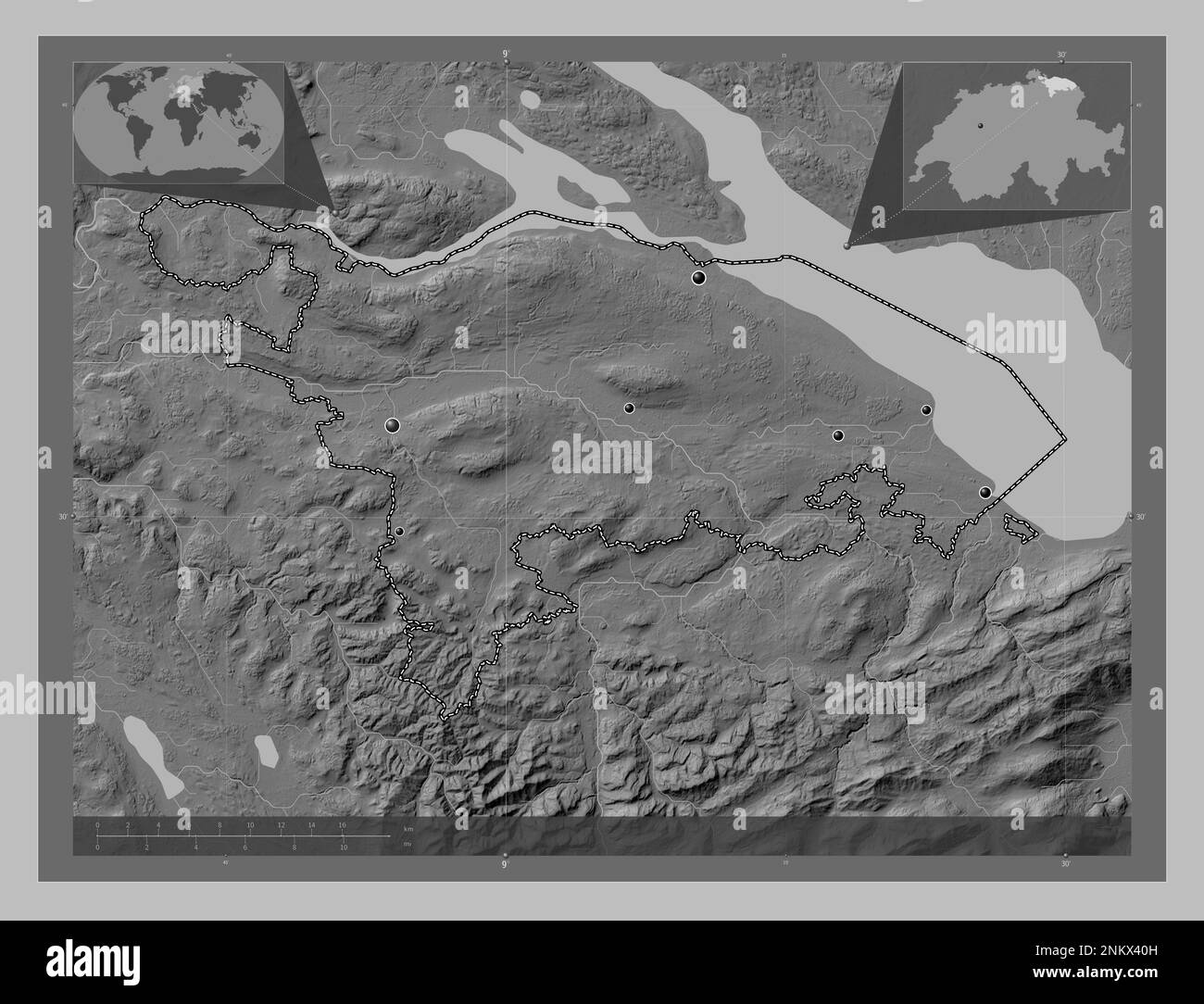 Thurgau, canton of Switzerland. Grayscale elevation map with lakes and ...