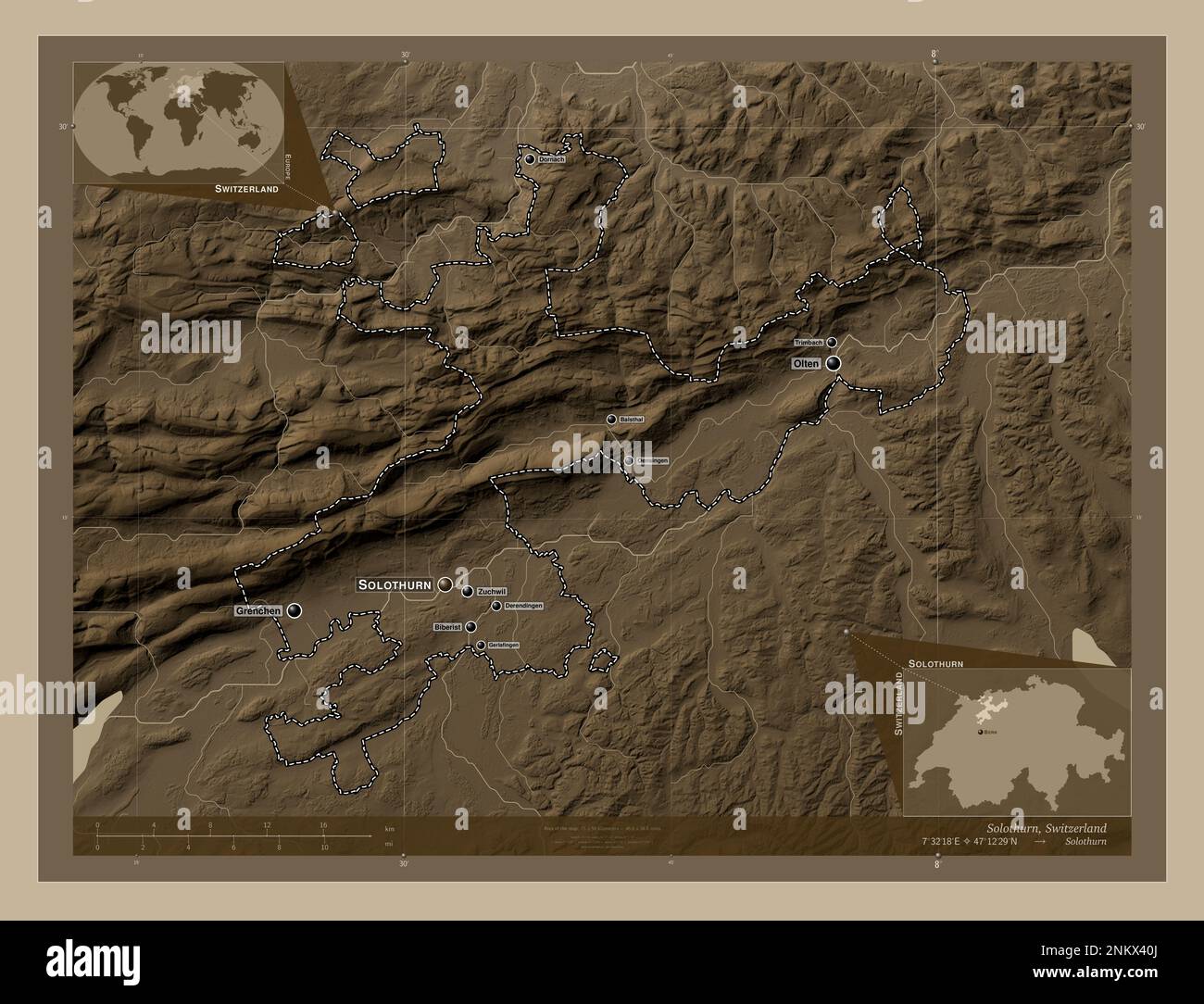 Solothurn, canton of Switzerland. Elevation map colored in sepia tones ...