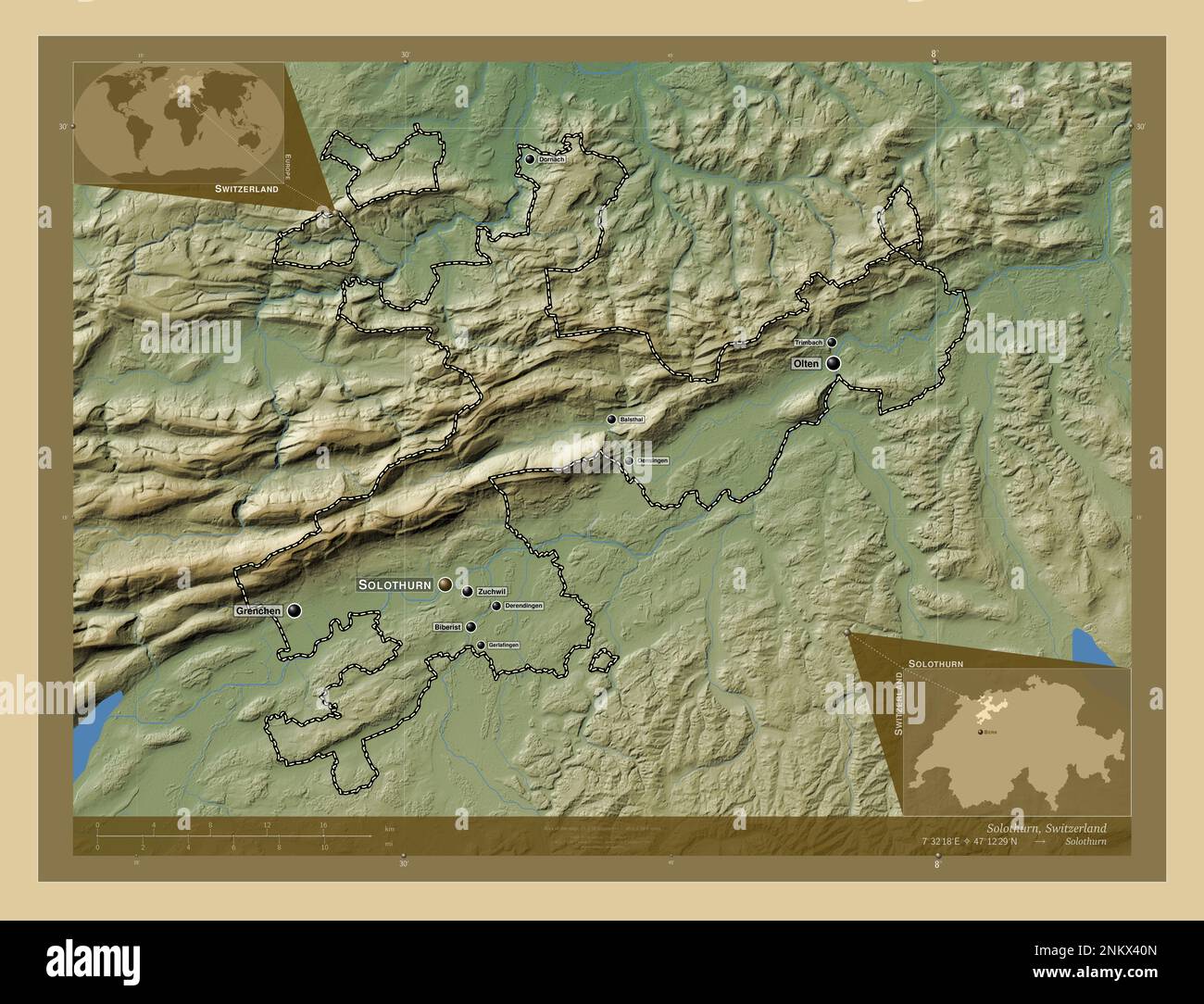 Solothurn, canton of Switzerland. Colored elevation map with lakes and ...