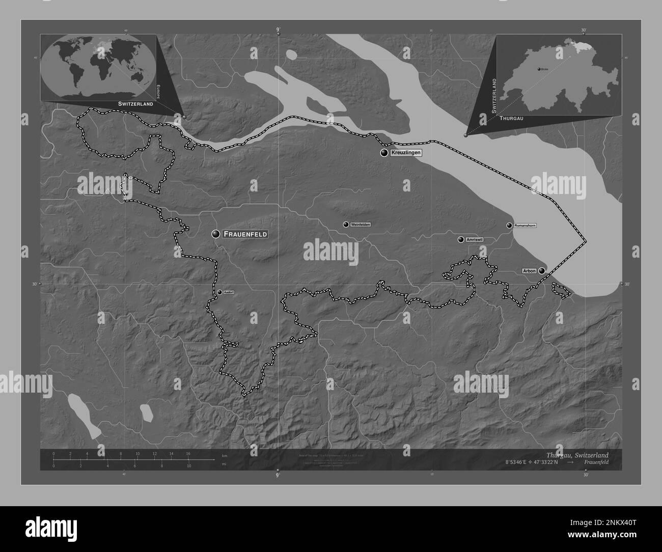 Thurgau, canton of Switzerland. Bilevel elevation map with lakes and ...