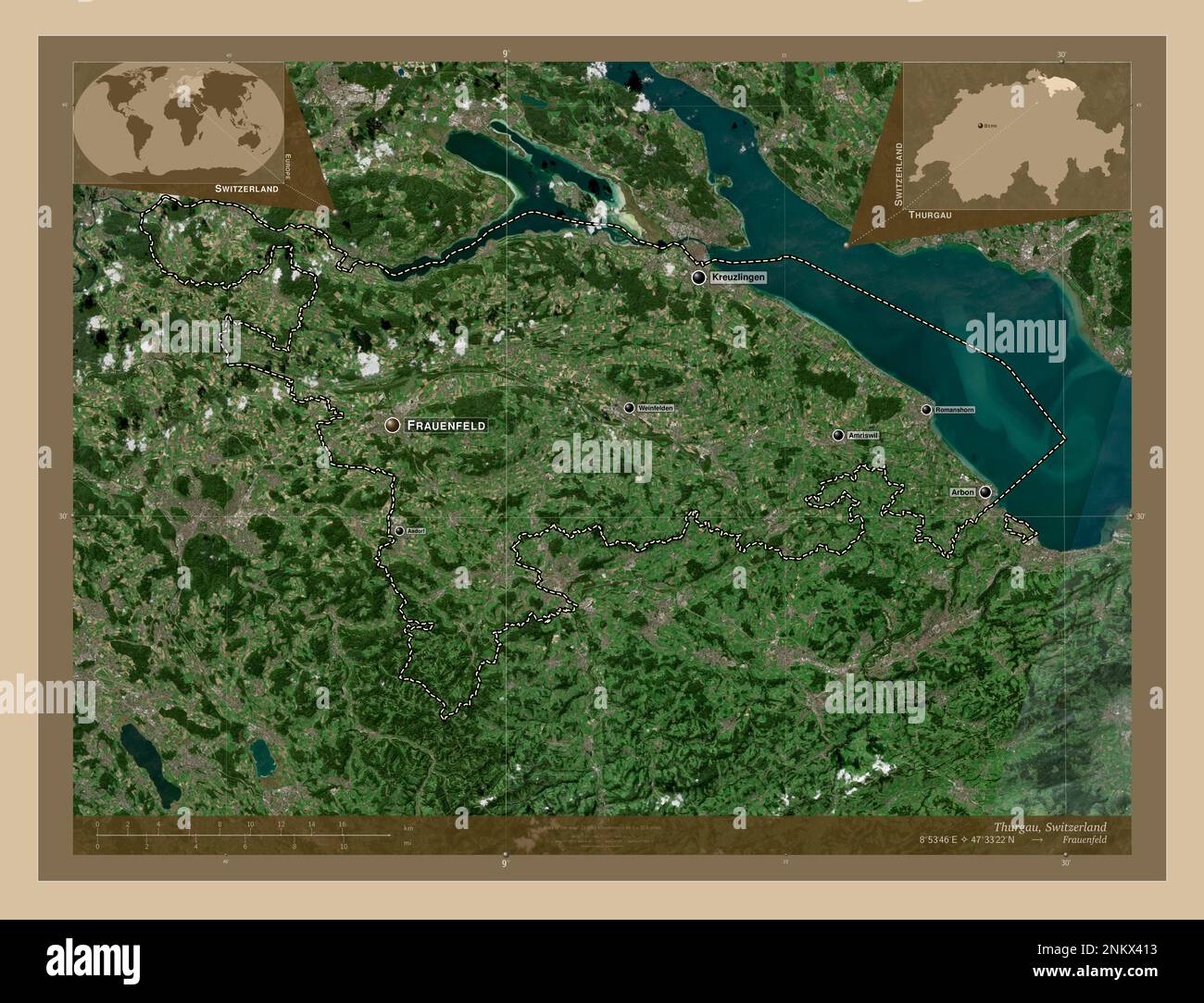 Thurgau, canton of Switzerland. Low resolution satellite map. Locations ...