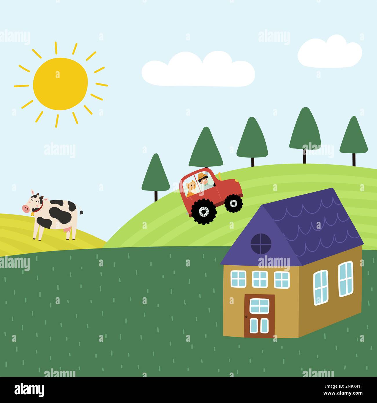 Green meadow landscape with a farmhouse and fields in cartoon style ...