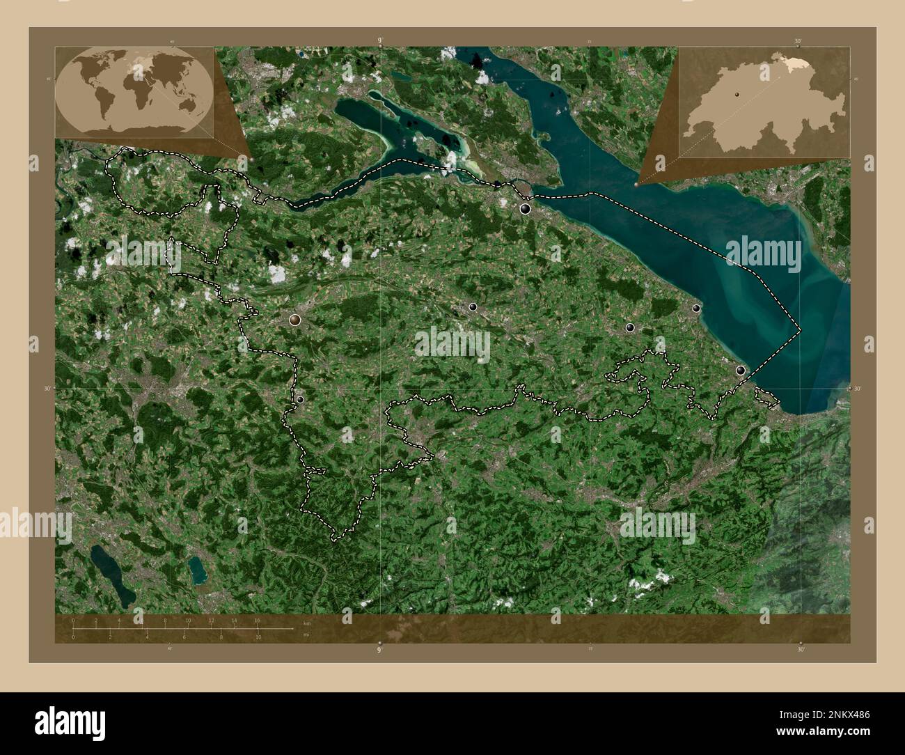 Thurgau, canton of Switzerland. Low resolution satellite map. Locations ...