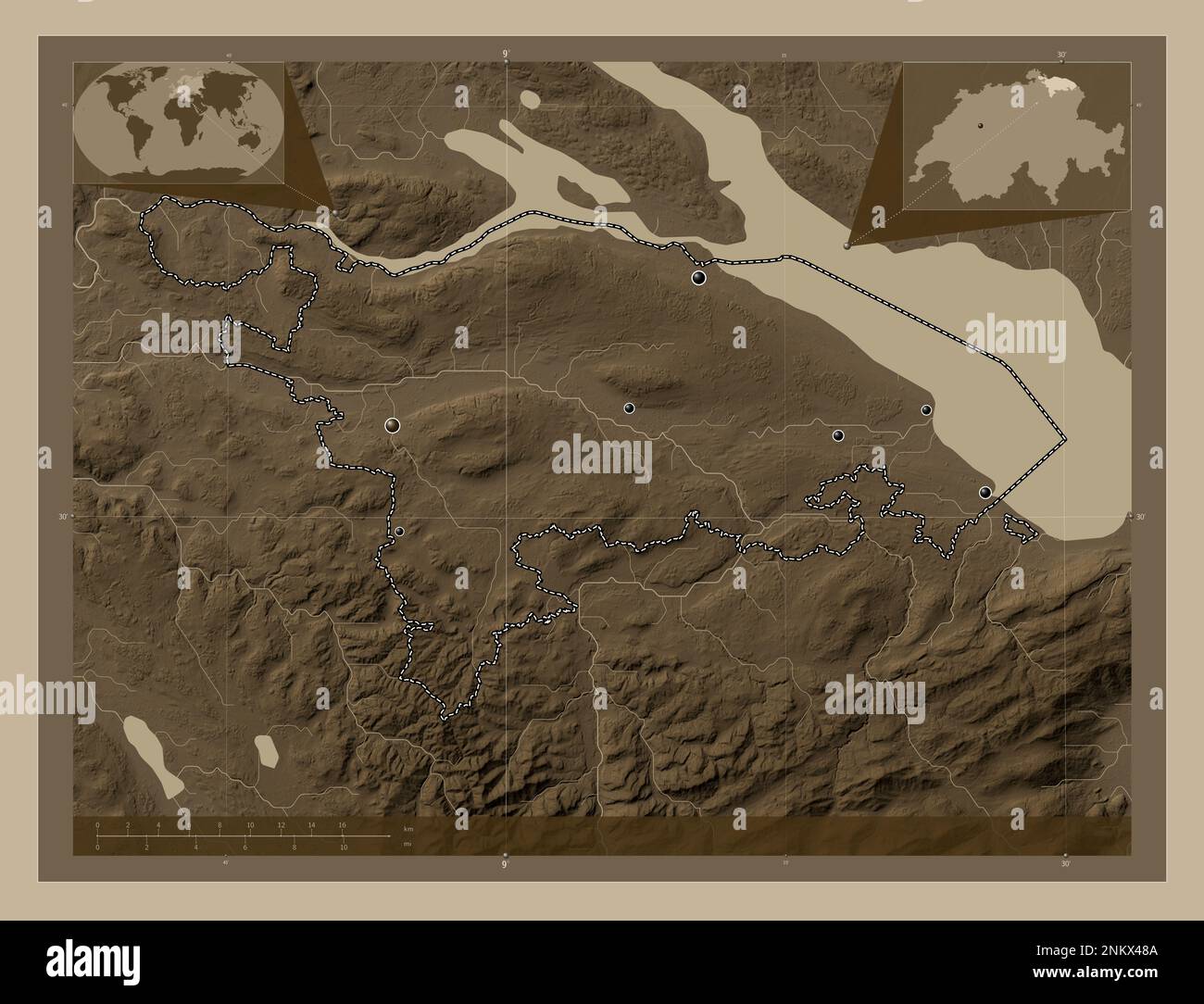 Thurgau, canton of Switzerland. Elevation map colored in sepia tones ...