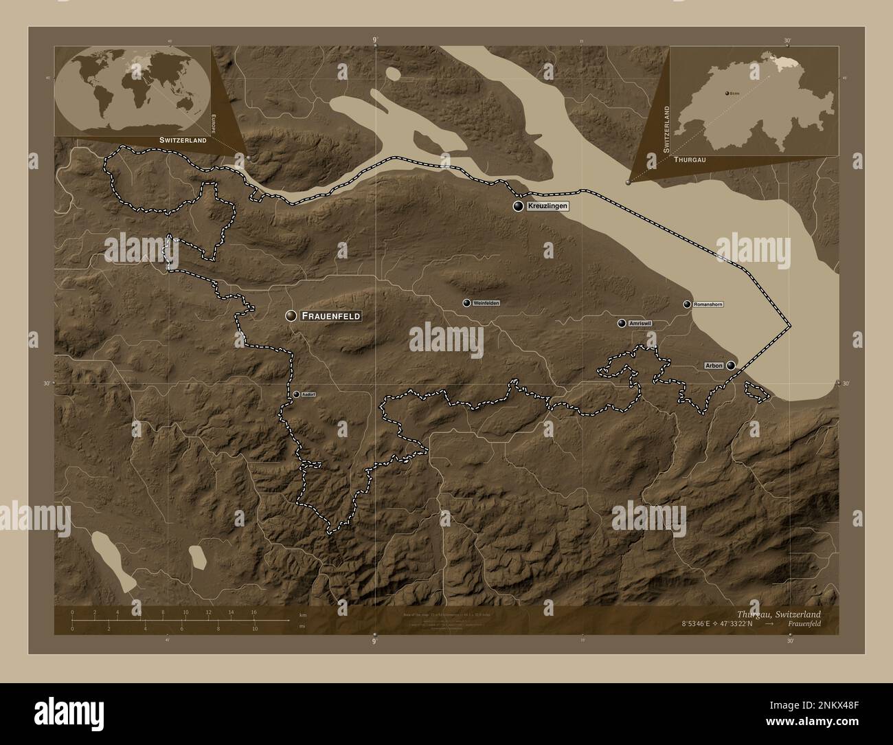 Thurgau, canton of Switzerland. Elevation map colored in sepia tones ...