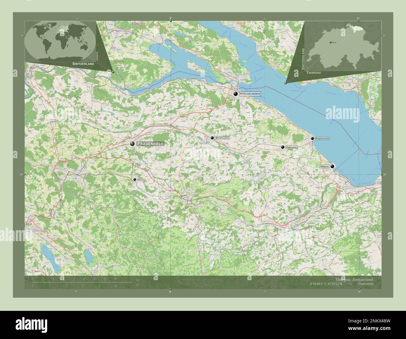 Thurgau, canton of Switzerland. Open Street Map. Locations and names of ...